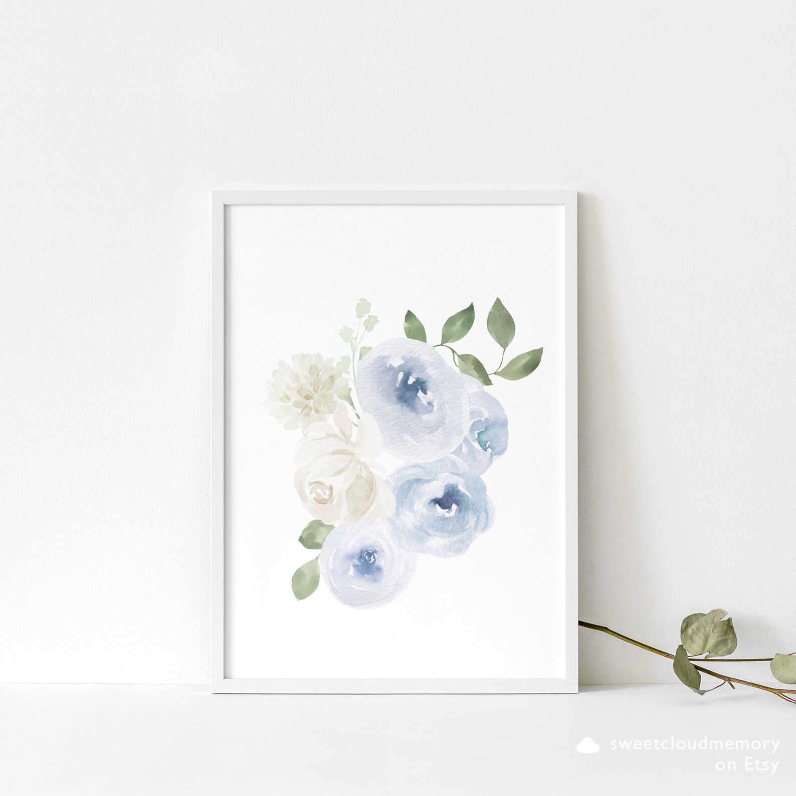Steel Blue Floral Artwork Wall Art Print Dusty Blue Printable Flower ...