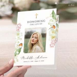 Lily of the Valley & Robin Funeral Program Template Gold Cross White ...