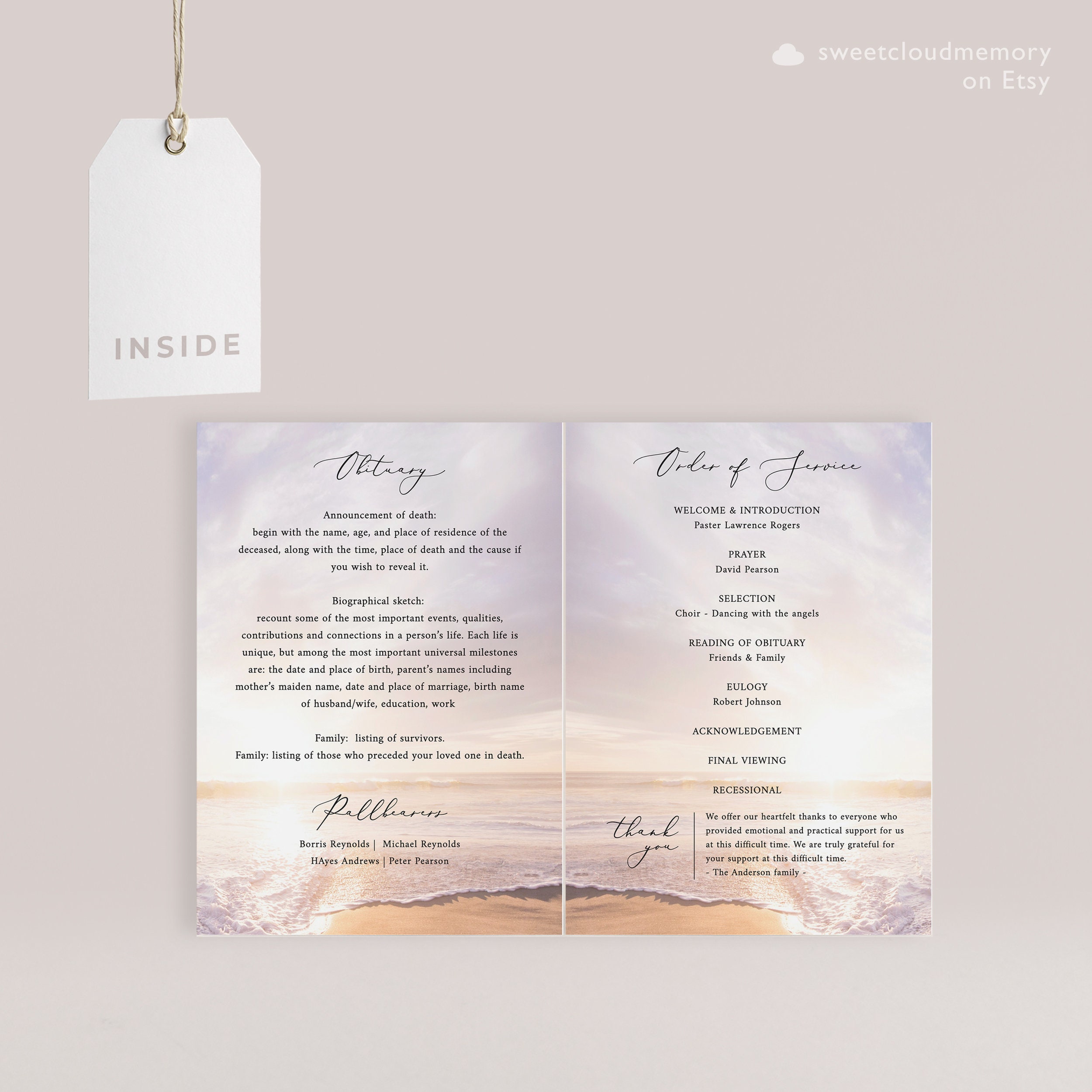 Sunset Ocean Funeral Program Template Seascape Funeral Memorial Program ...