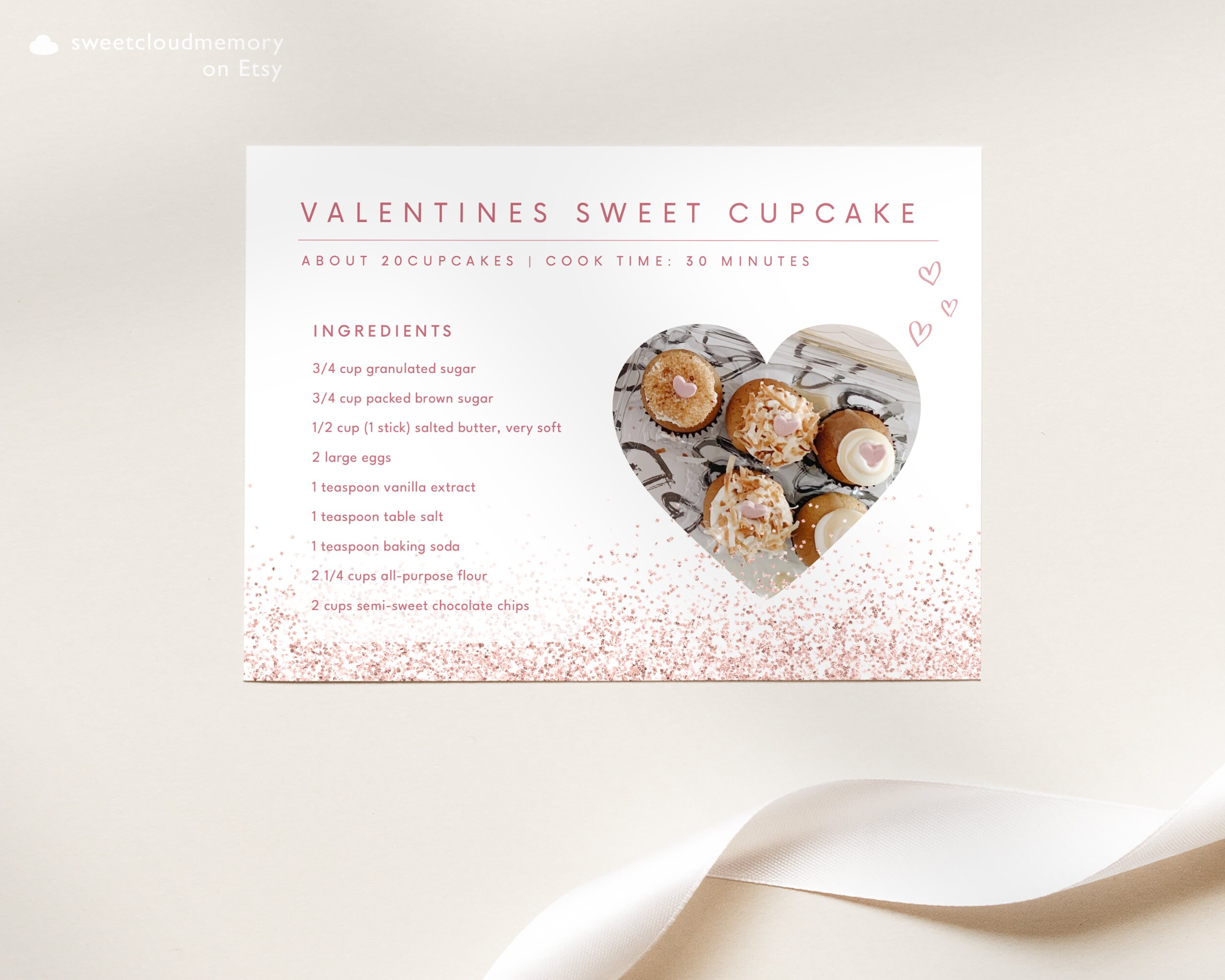 VALENTINE'S DAY Heart Recipe Card Template Pink Glitter | Etsy