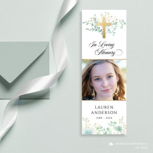 Greenery Funeral Bookmark Template,gold Cross Book Mark, Catholic ...
