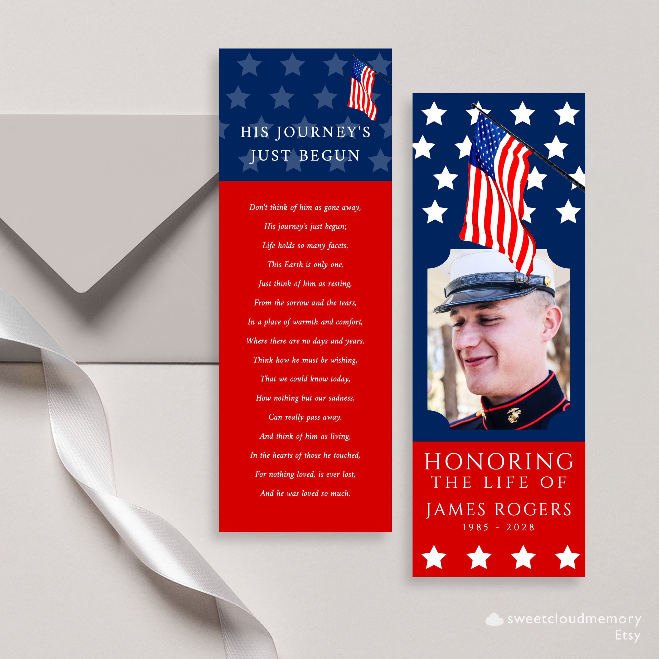Veteran Funeral Bookmark Template American Flag for Service - Etsy