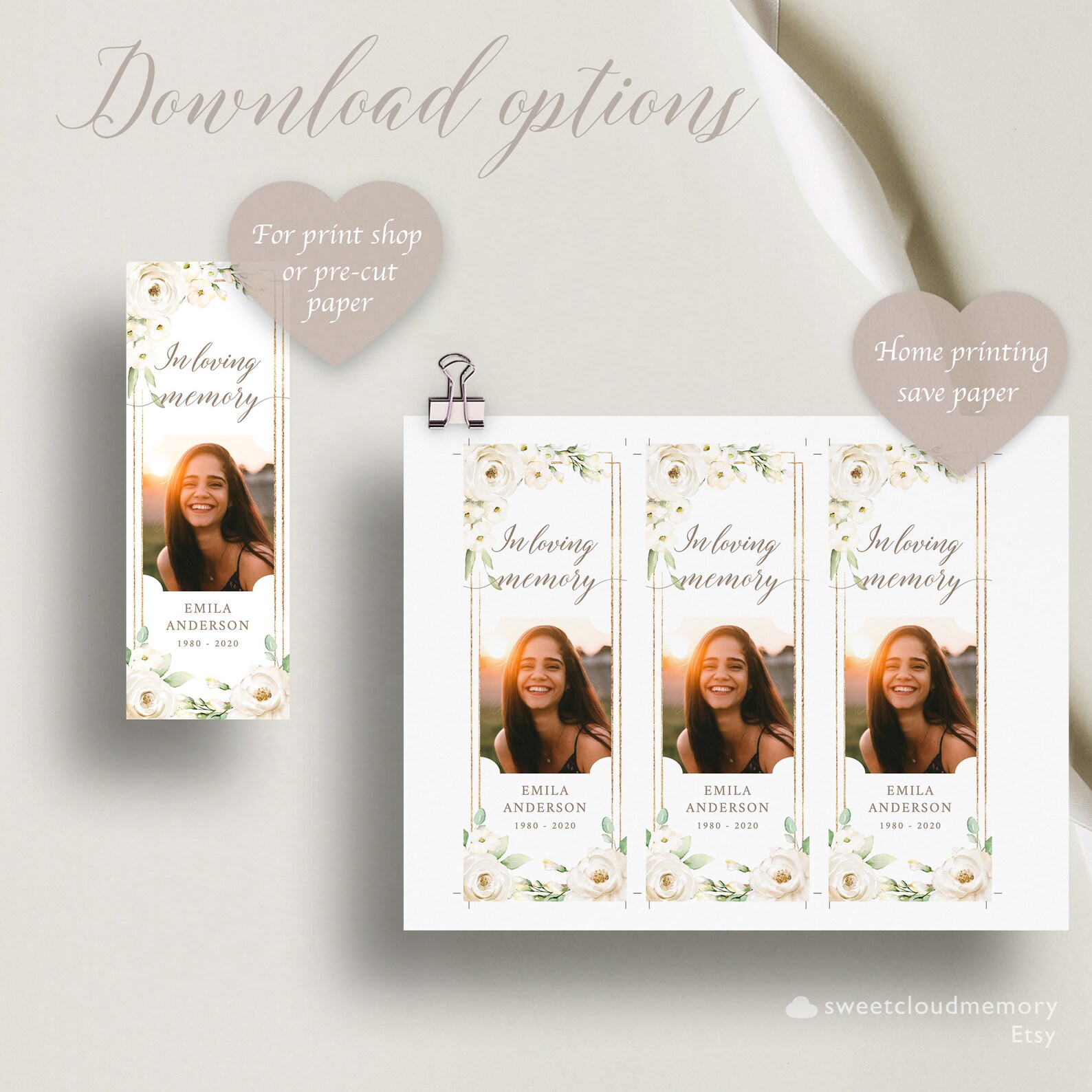 White Rose Funeral Bookmark Template White Flower Bookmark Keepsake ...
