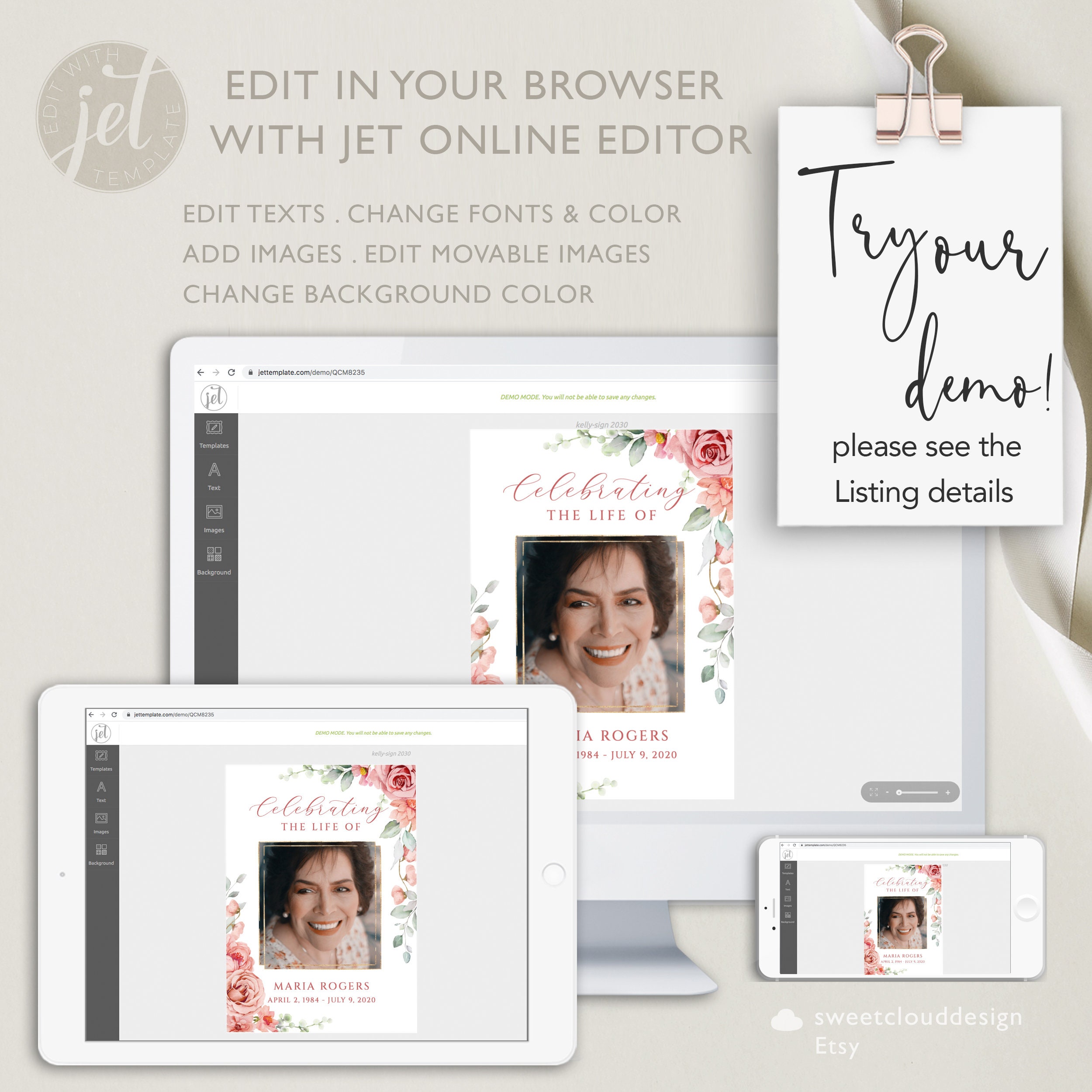 Pink Floral Photo Prayer Card Editable Coral Peach Floral - Etsy