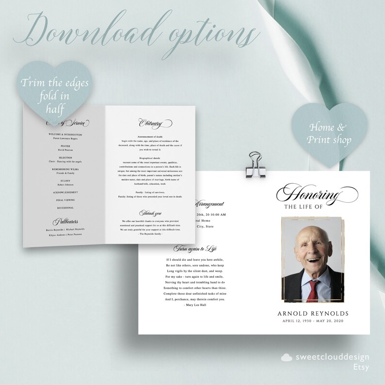 Gold Frame Funeral Program Template Elegant Funeral Memorial - Etsy