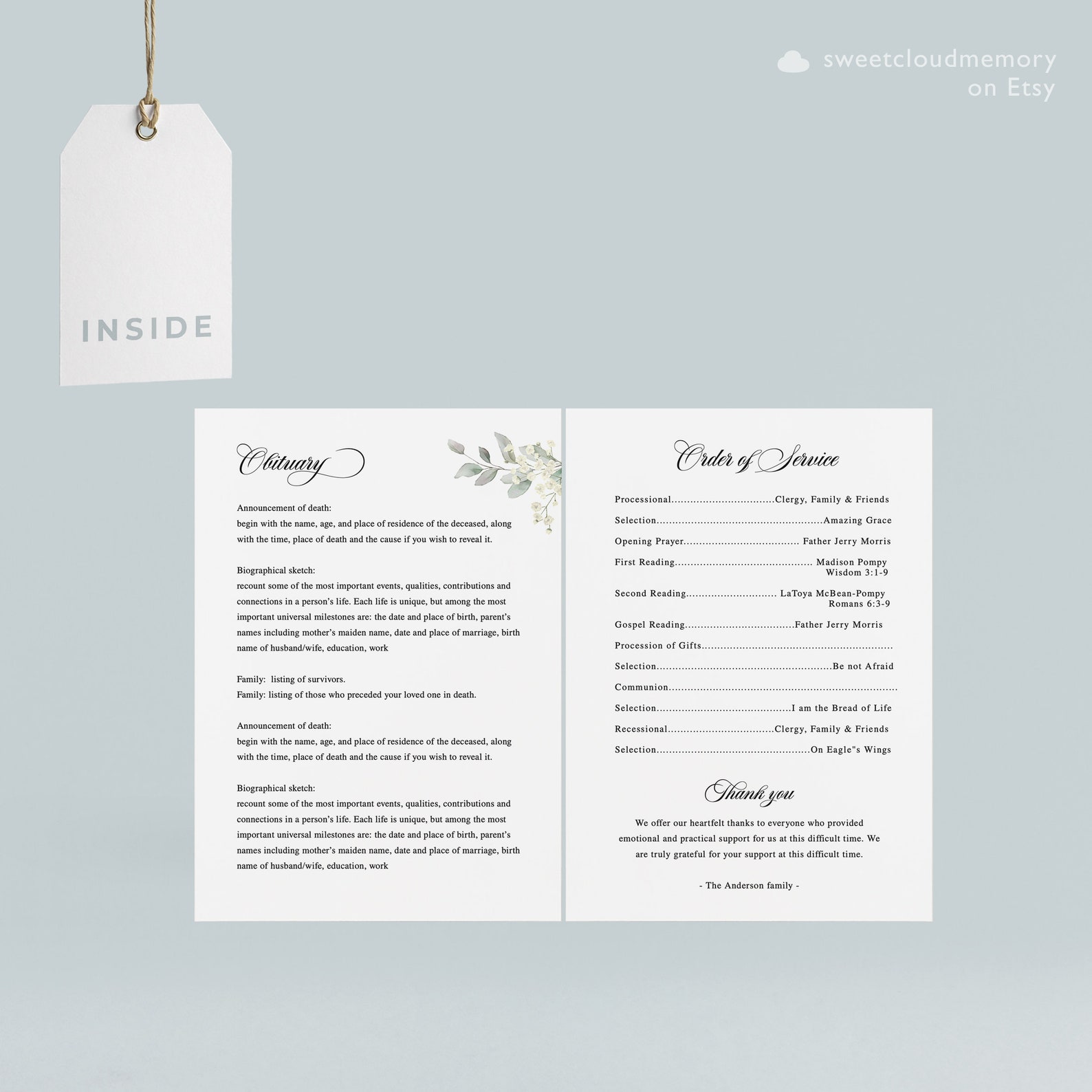 Gold Cross Funeral Program Template Greenery Funeral Memorial Program ...