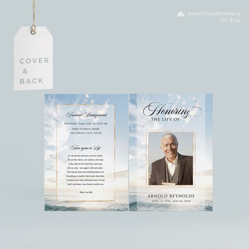Blue Sky Gold Funeral Program Template Seascape Funeral Memorial ...