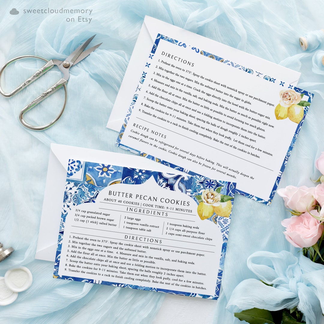 Blue Mediterranean Recipe Card Template Lemon Editable Recipe Card Blue ...