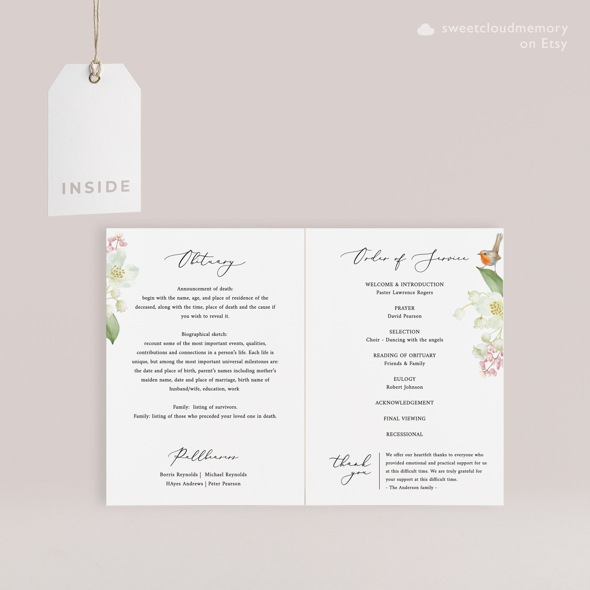 Lily of the Valley & Robin Funeral Program Template White - Etsy