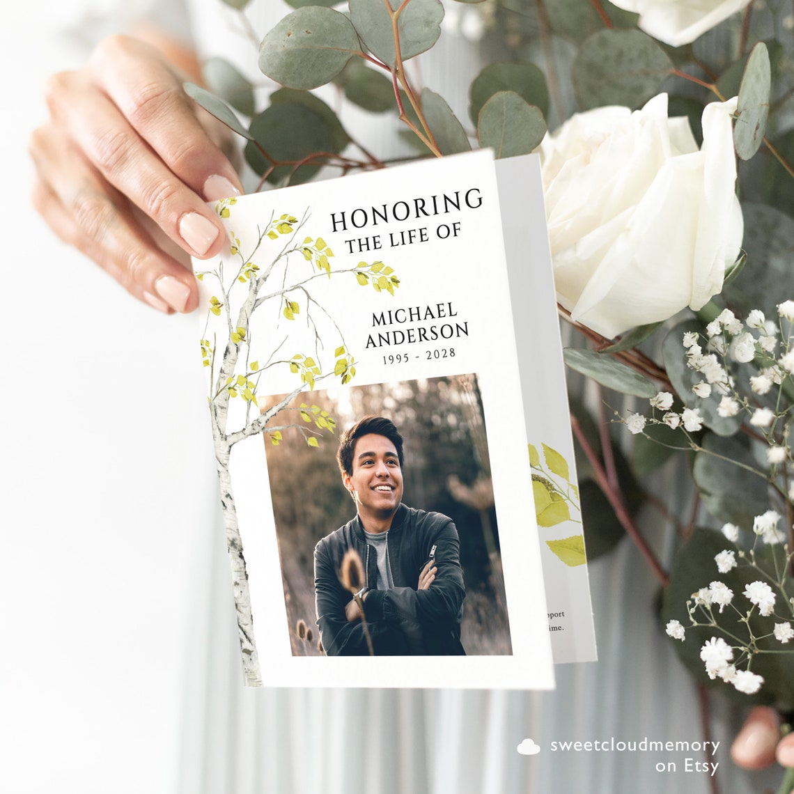 Birch Tree Funeral Program Template Gold and Leaves Funeral Memorial ...