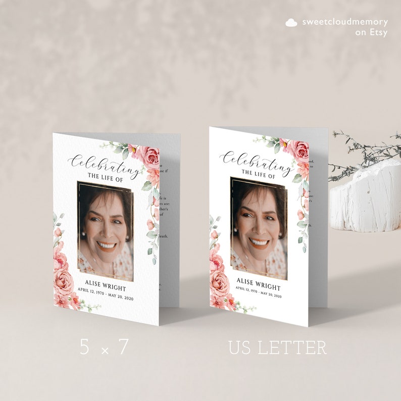 Pink Floral Funeral Program Template Peach Flower Funeral Memorial ...