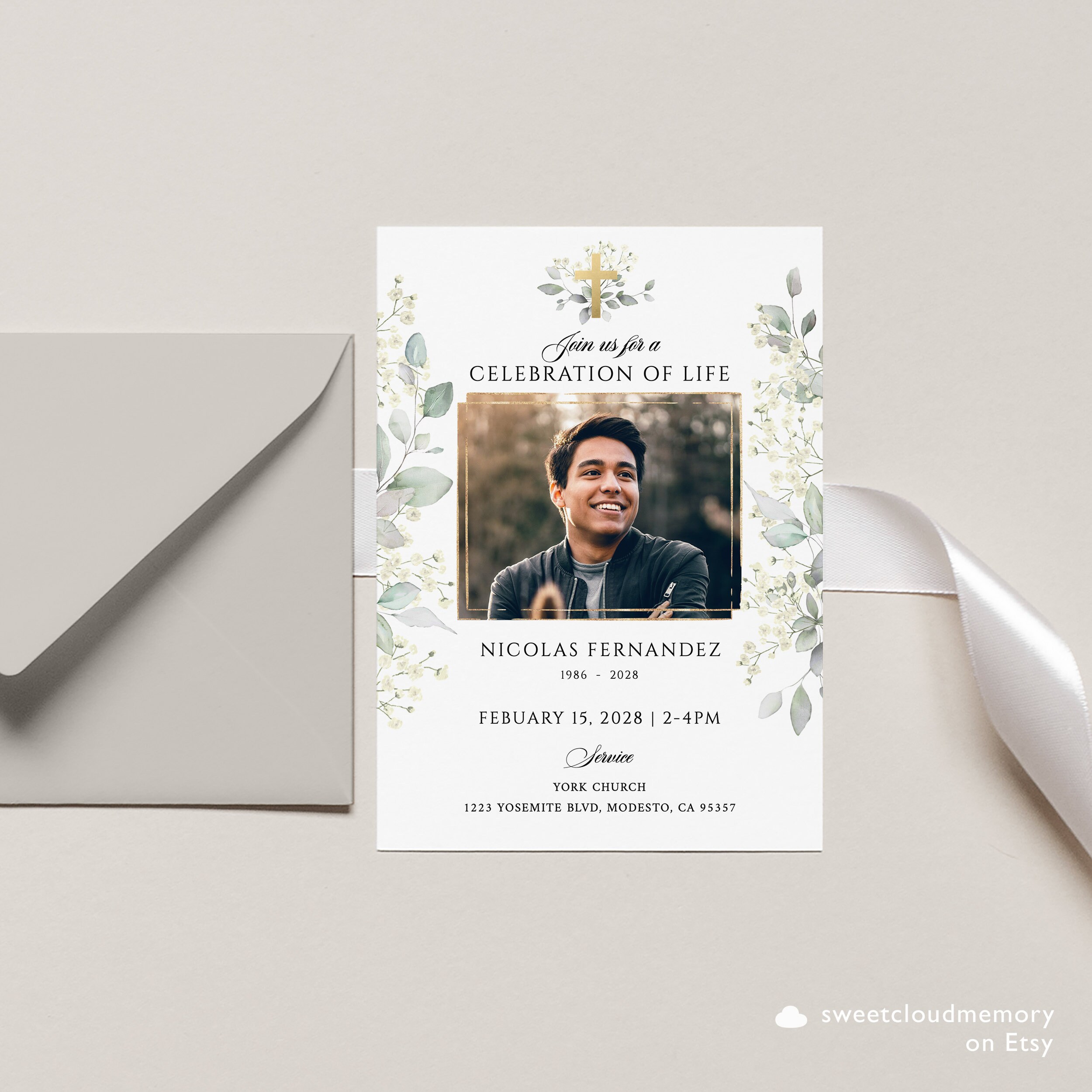 Catholic Cross Funeral Invitation Template Greenery Photo - Etsy