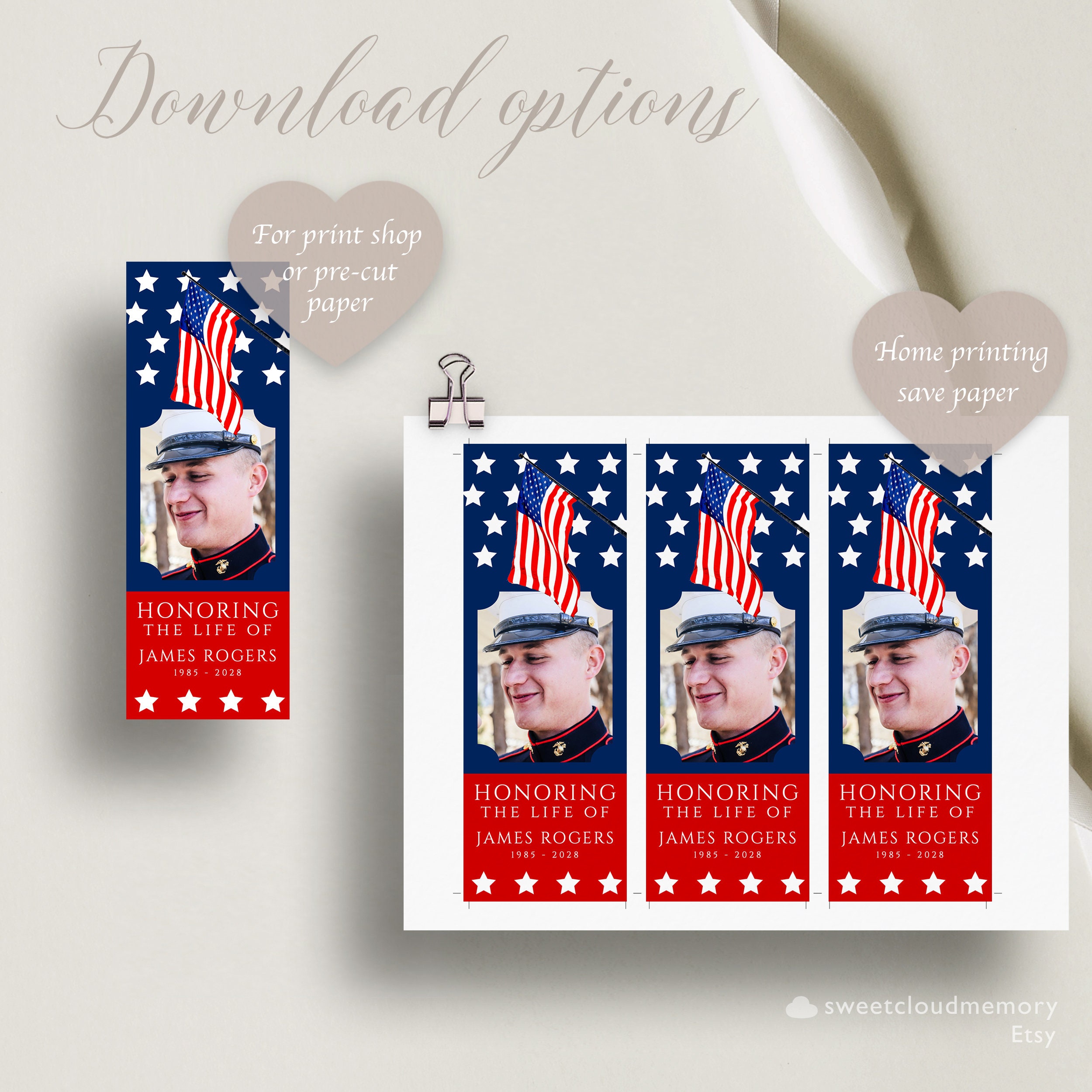 Veteran Funeral Bookmark Template American Flag for Service Member ...
