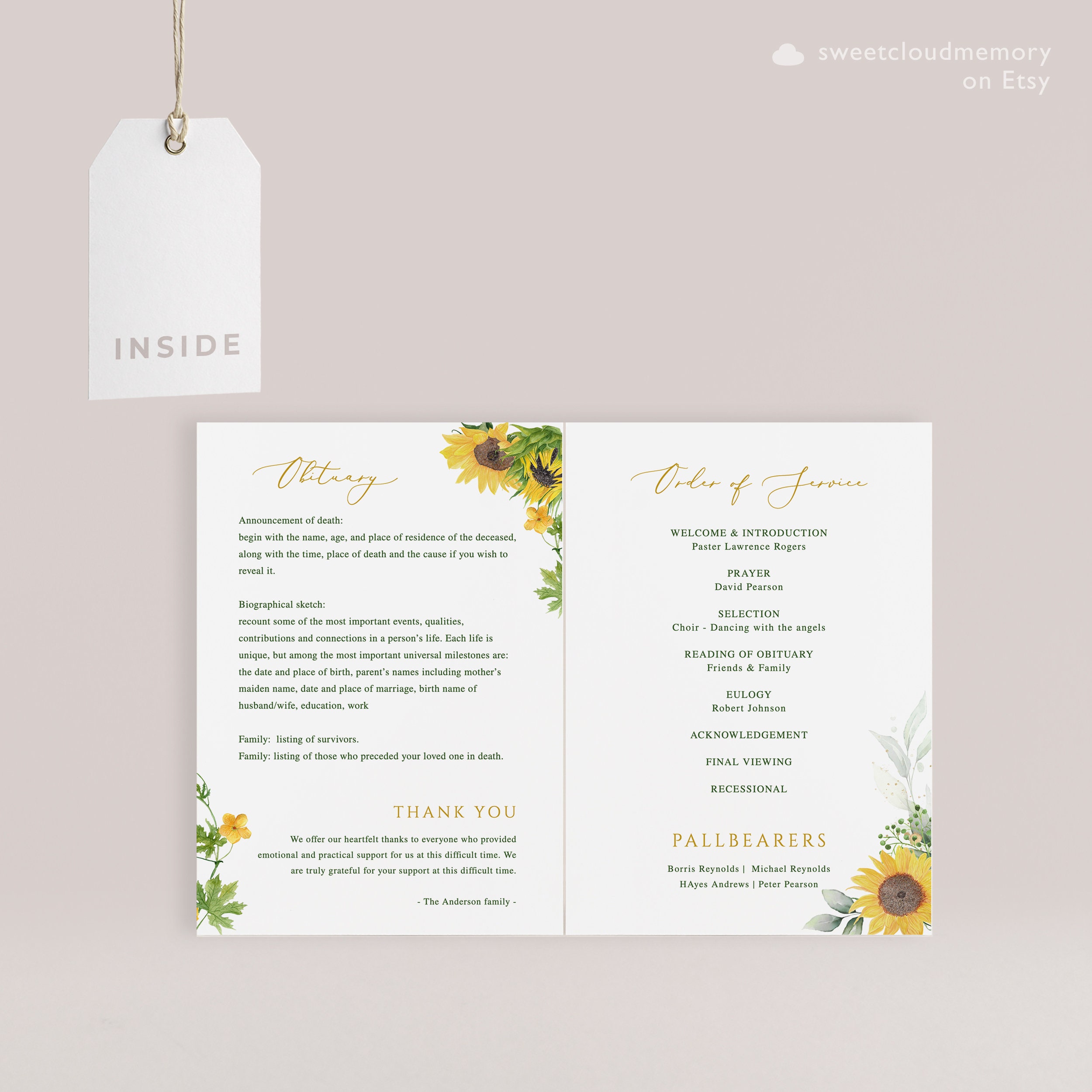 Sunflower Funeral Program Template Yellow Flower Funeral - Etsy Australia