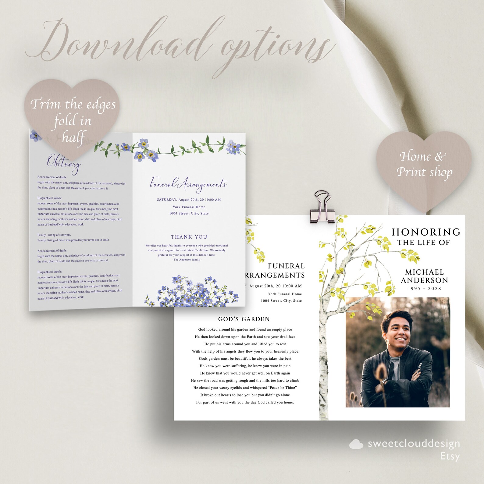 Birch Tree Funeral Program Template Gold and Leaves Funeral Memorial ...
