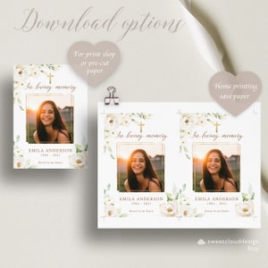 White Rose Funeral Photo Prayer Card Gold Cross White Floral Funeral ...