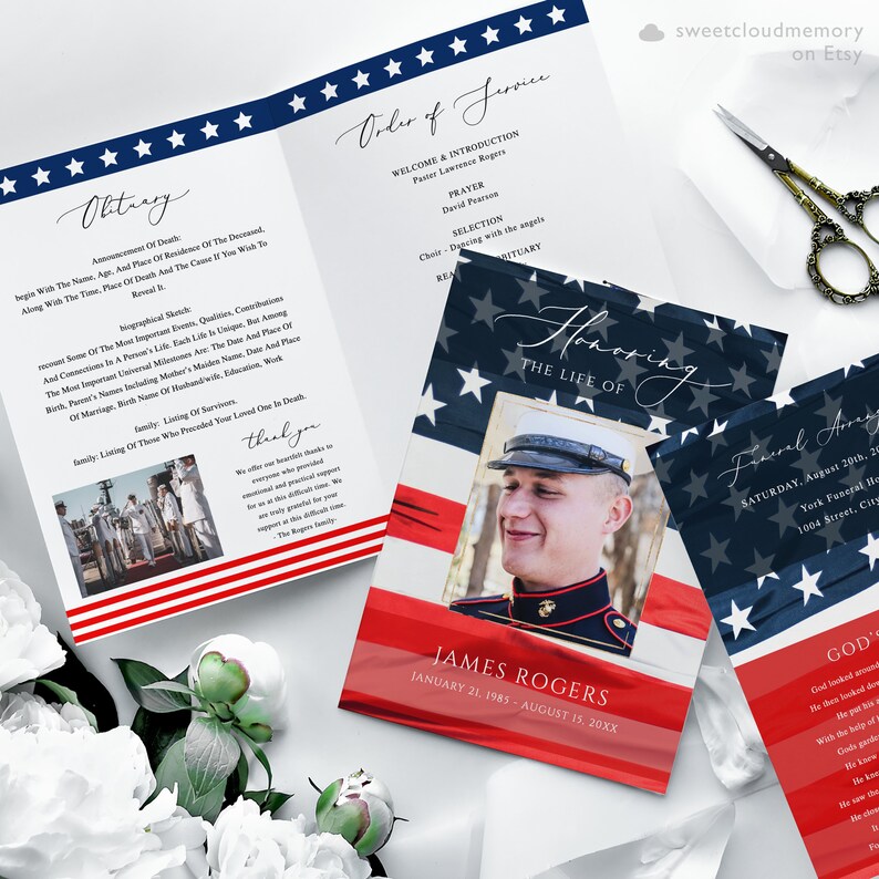 Veteran Funeral Program Template American Flag for Service - Etsy