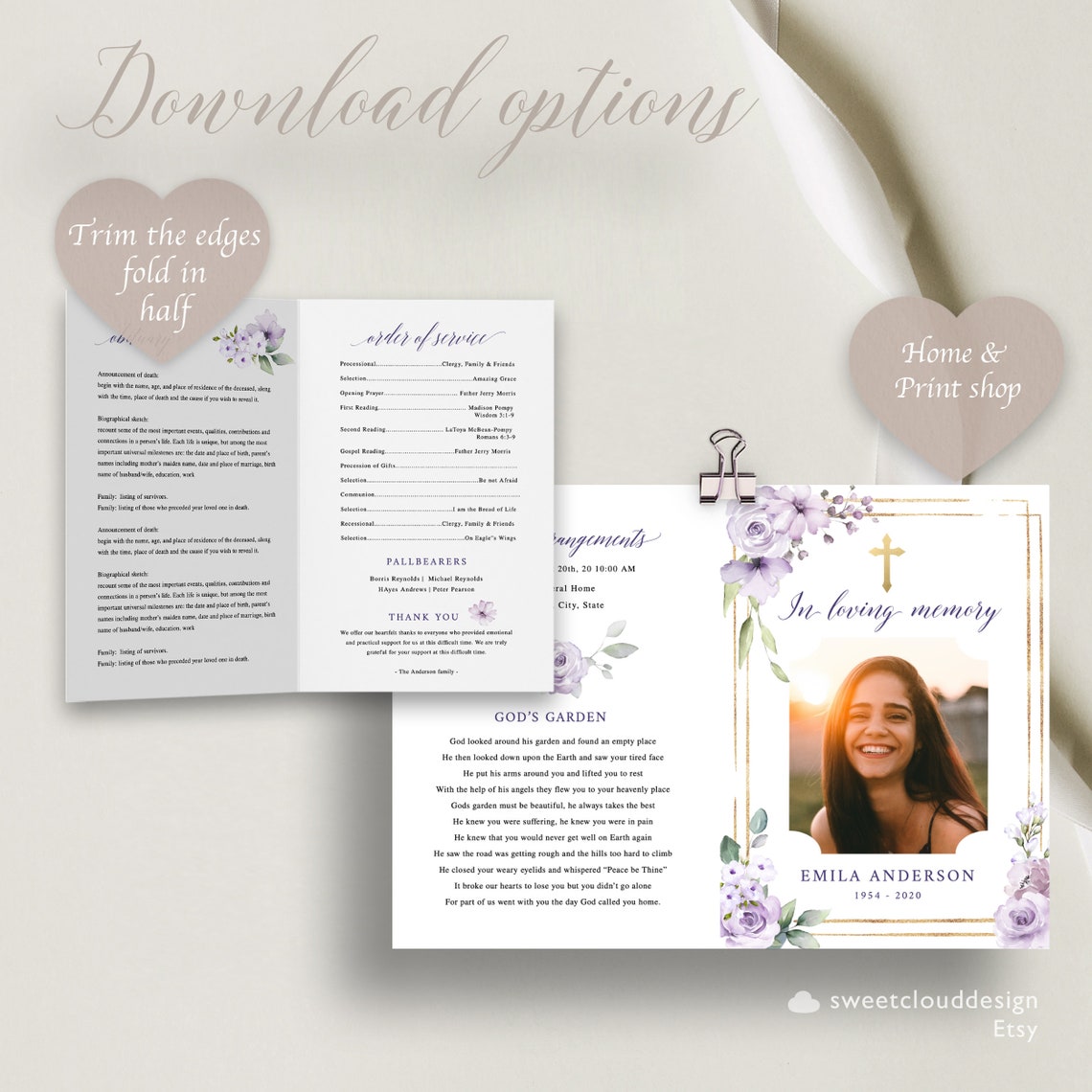 Gold Cross Violet Funeral Program Template Purple Floral Funeral ...