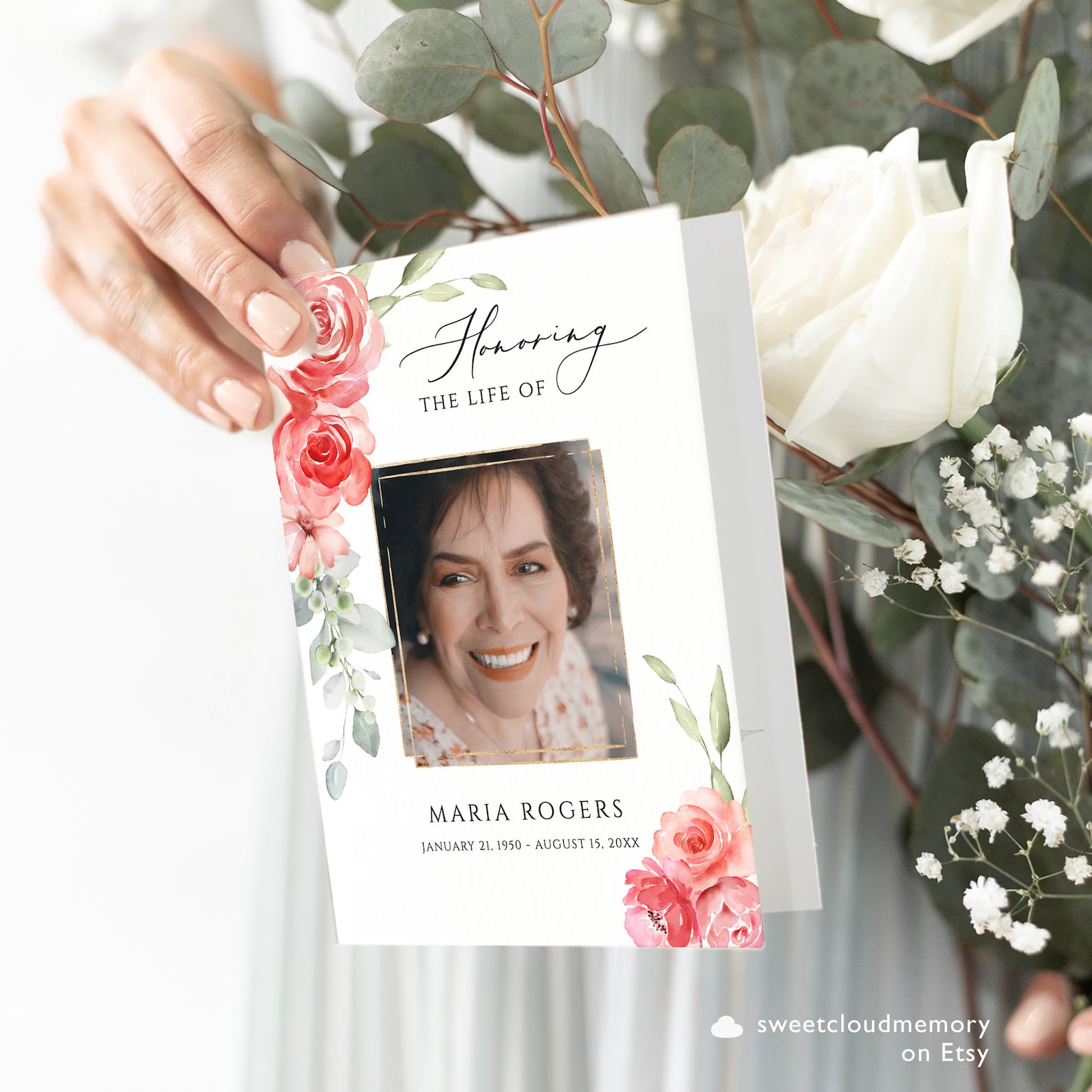 Red Rose Funeral Program Template Red Flower Funeral Memorial Program ...