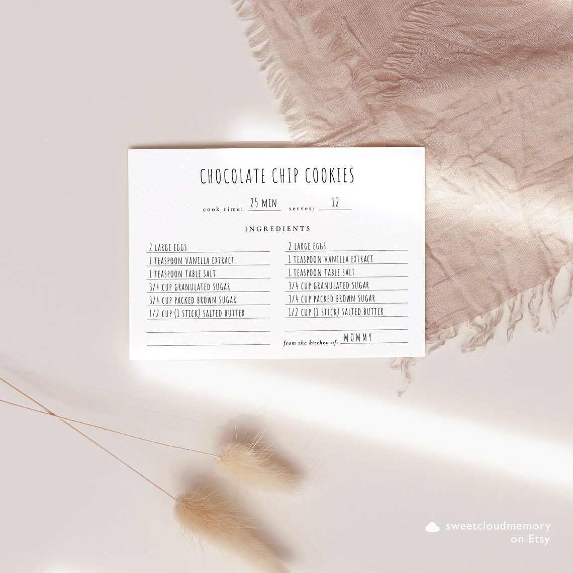 Kitchen Recipe Card Simple Recipe Card Template Kitchen Shower - Etsy ...