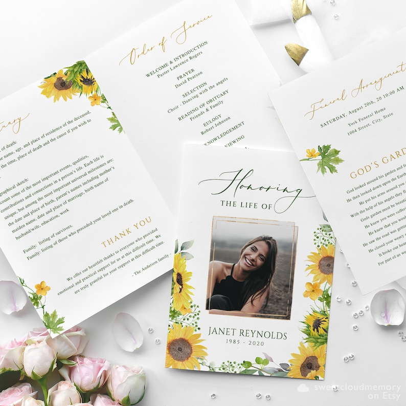 Sunflower Funeral Program Template Yellow Flower Funeral - Etsy UK