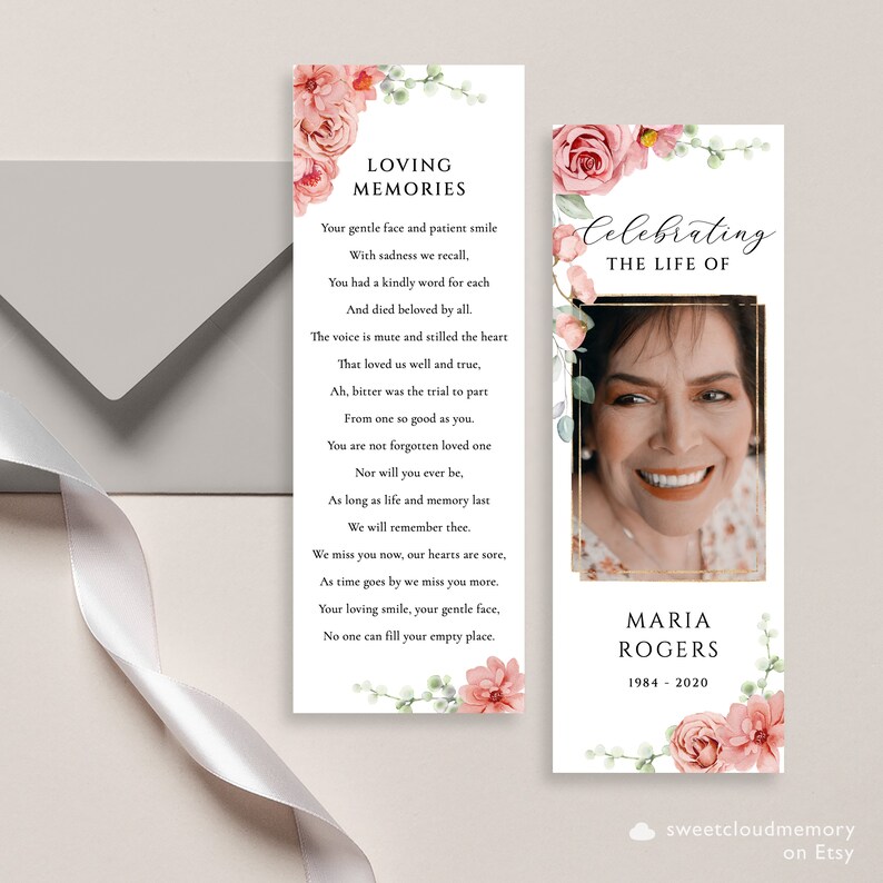 Pink Flower in Loving Memory Bookmark Template Blush Floral Honouring ...