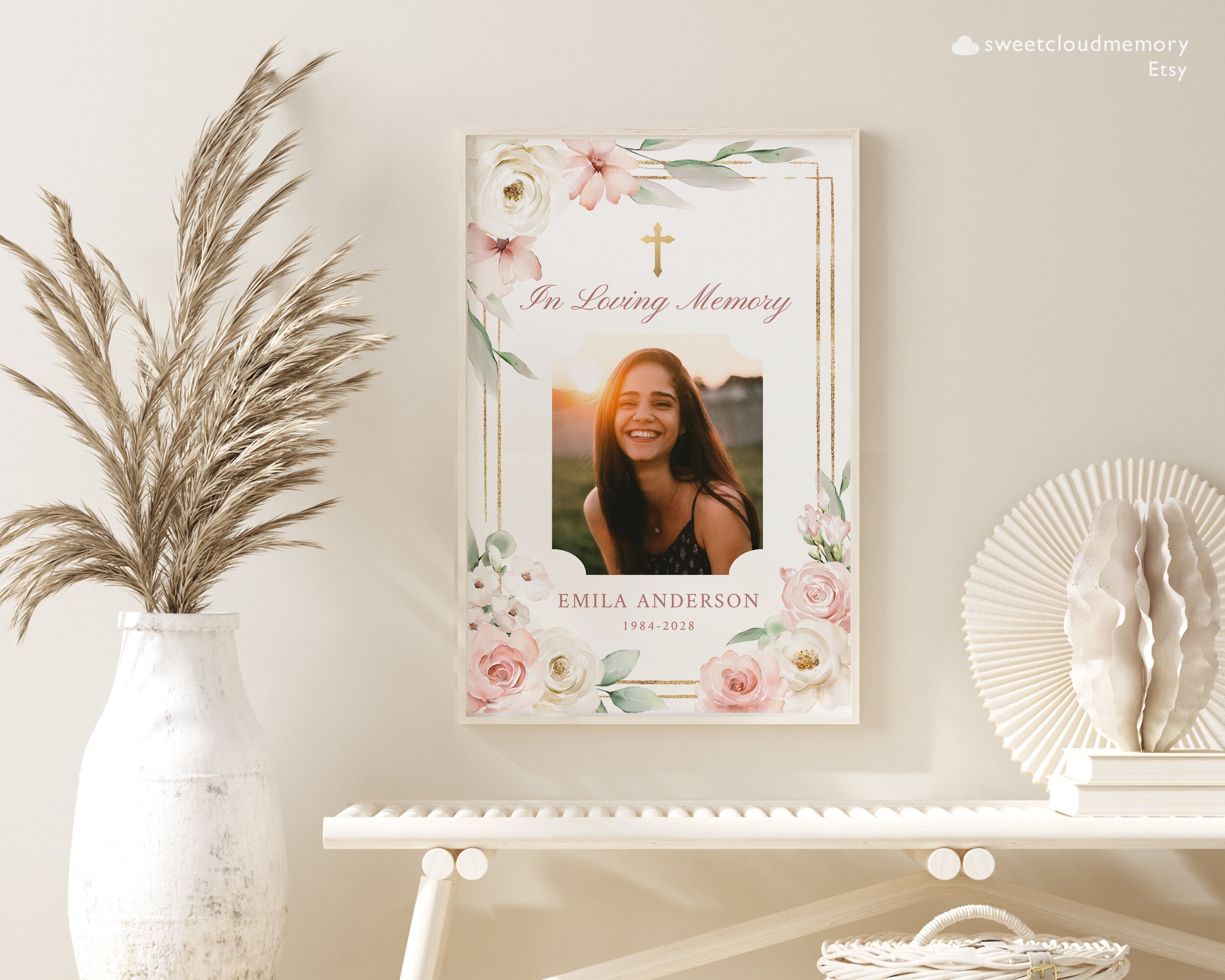 Gold Cross Celebrating the Life Sign Pink and White Floral in | Etsy