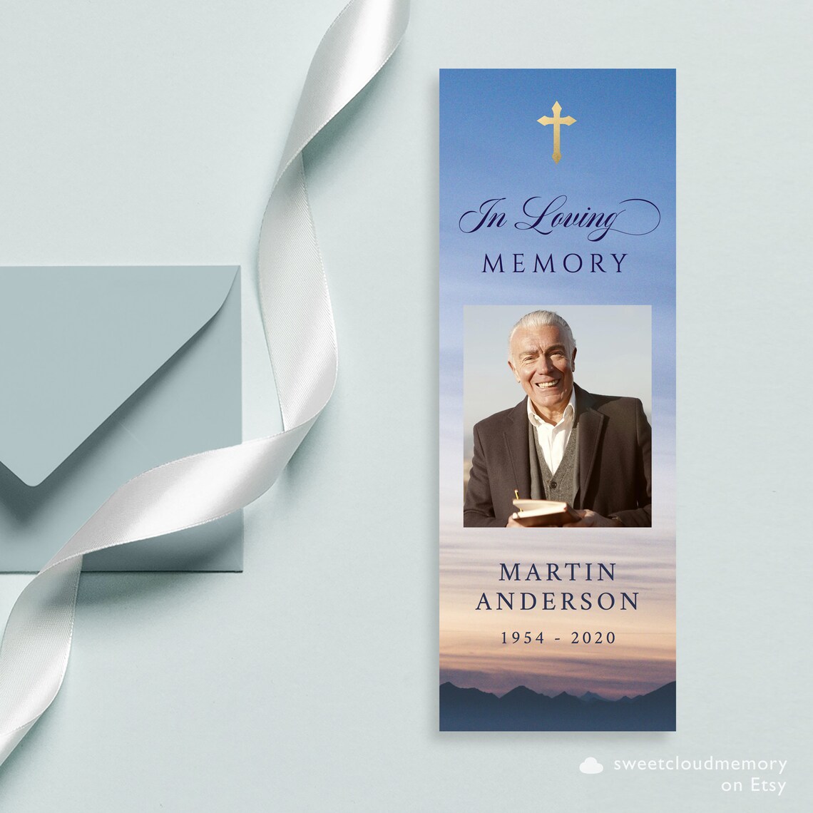Blue Sky Gold Cross in Loving Memory Funeral Bookmark Template - Etsy