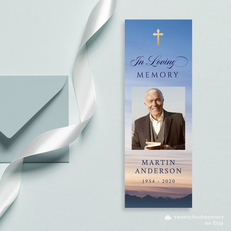 Blue Sky Gold Cross in Loving Memory Funeral Bookmark Template - Etsy
