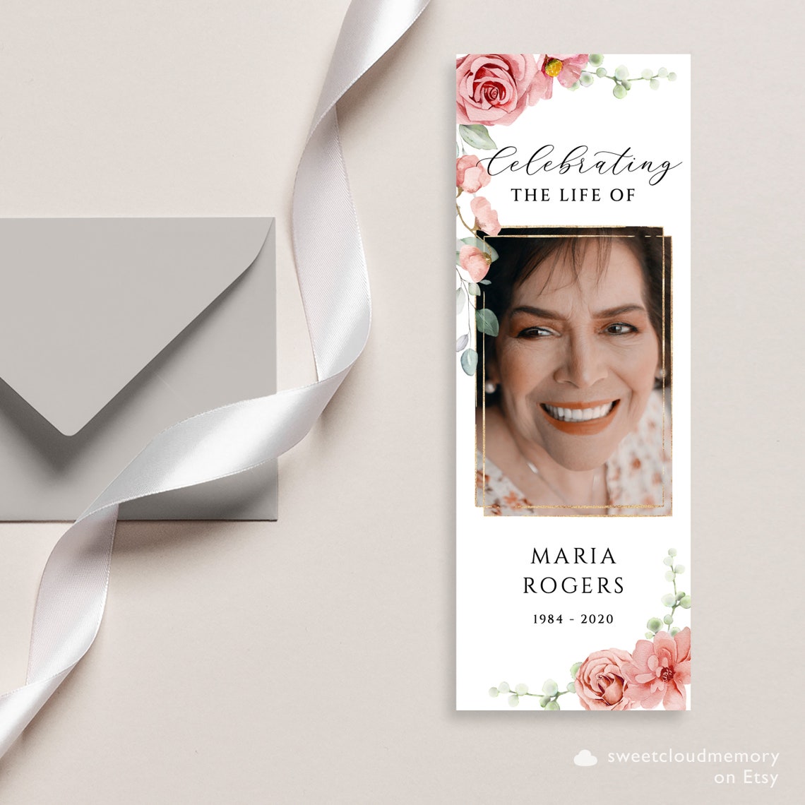 Pink Flower in Loving Memory Bookmark Template Blush Floral - Etsy