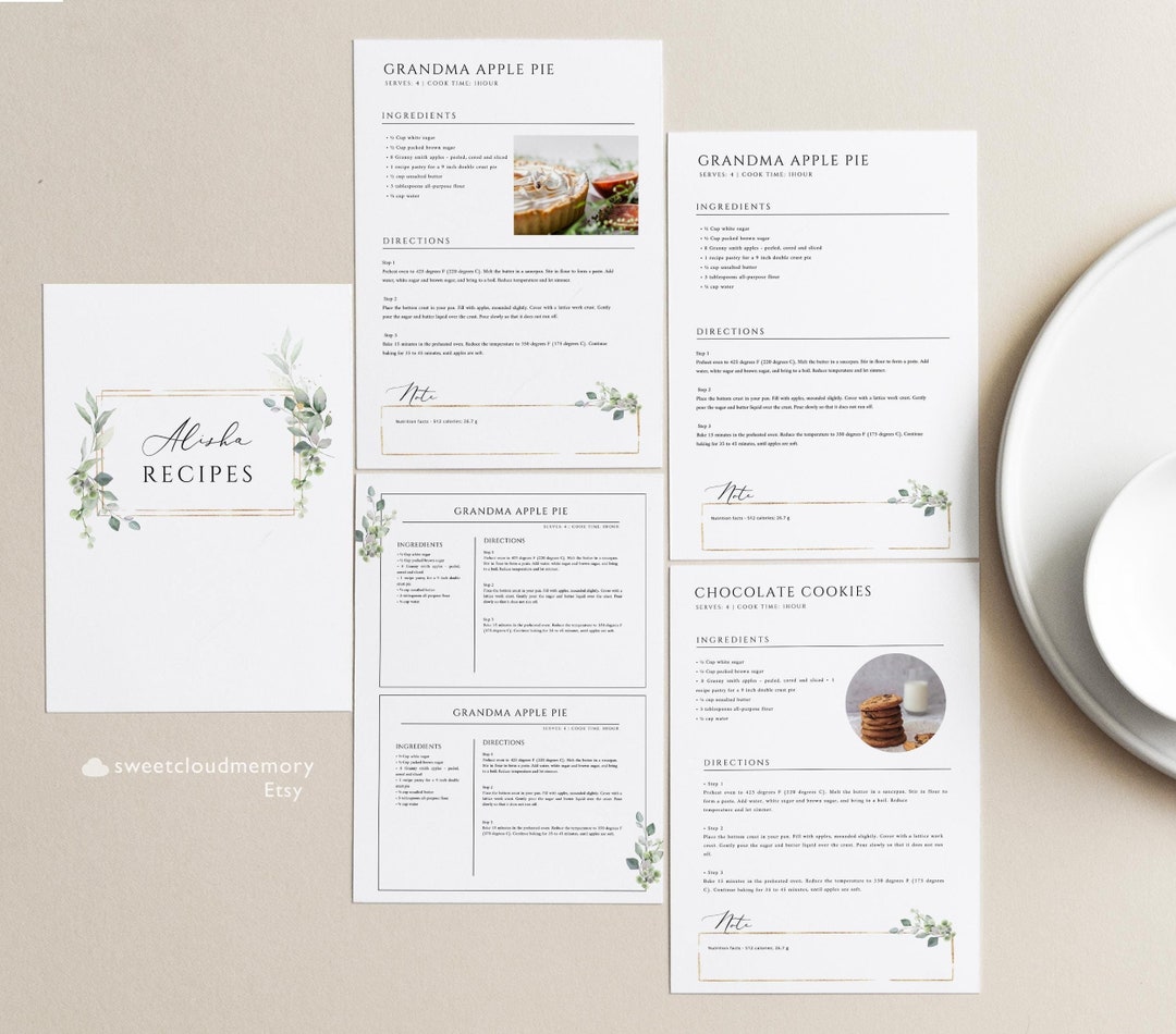 5X7 Green Leaf Recipe Card 8.5x11 Gold Greenery Recipe Template 5.5x8.5 ...
