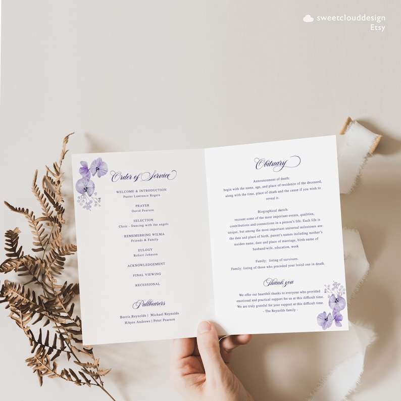 Purple Orchid Funeral Program Template Violet Orchid Funeral Memorial ...
