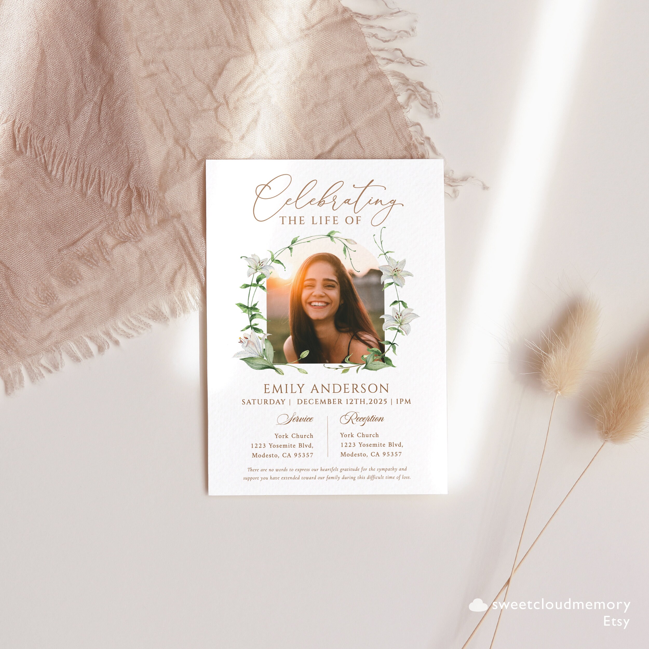 White Lily Funeral Invitation Template White Flower and Freen Photo ...