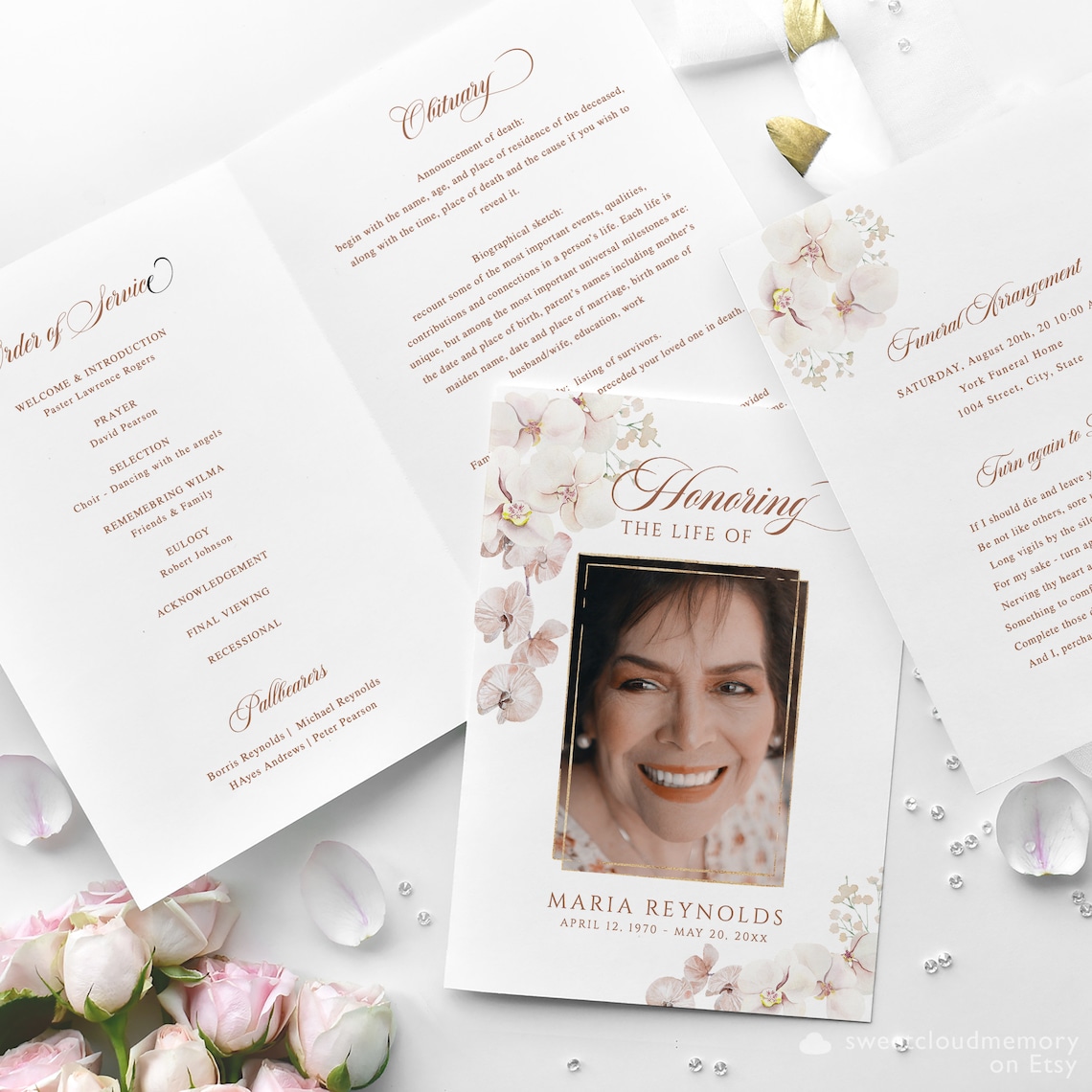 Pink Orchid Funeral Program Template Blush Orchid Funeral Memorial ...