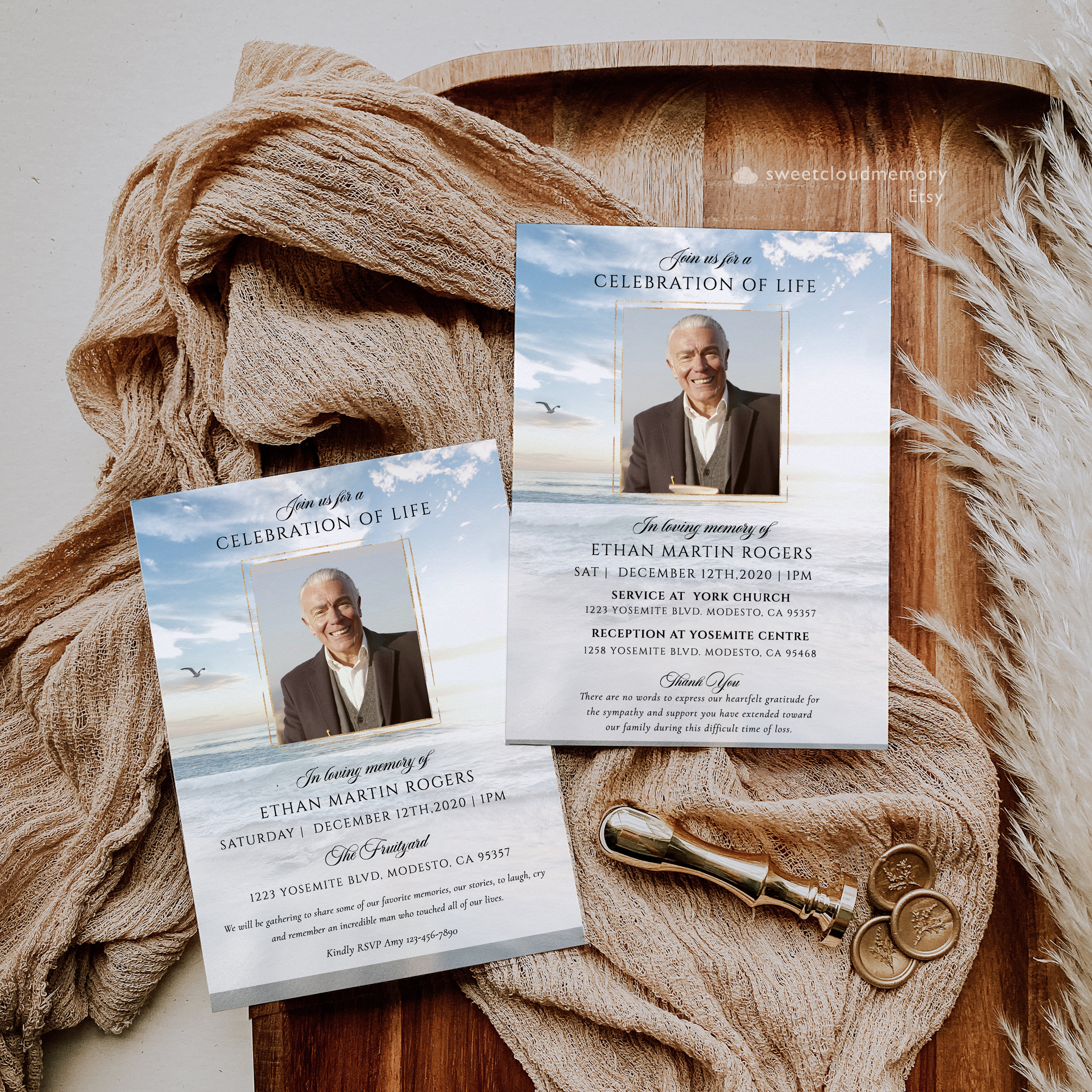 Blue Sky Gold Funeral Invitation Card Template Seascape Photo ...