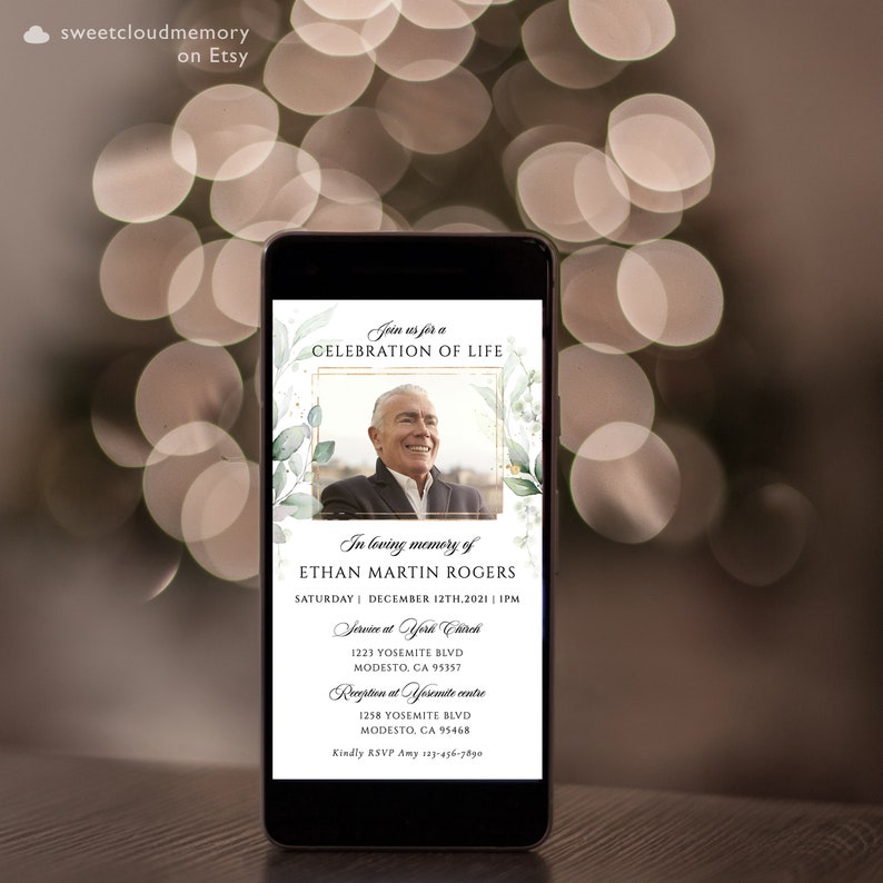 Photo Virtual Celebration of Life,gold Funeral Live Video Invitation ...