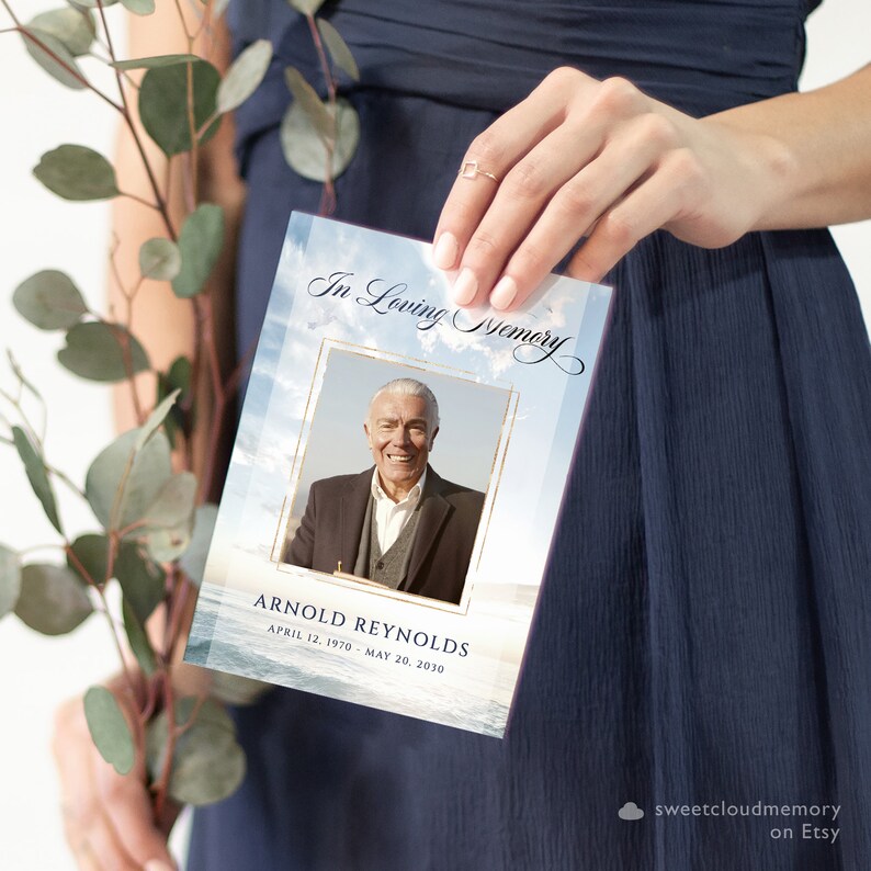 Blue Sky Background Funeral Photo Prayer Card Sky Gold Editable Funeral ...