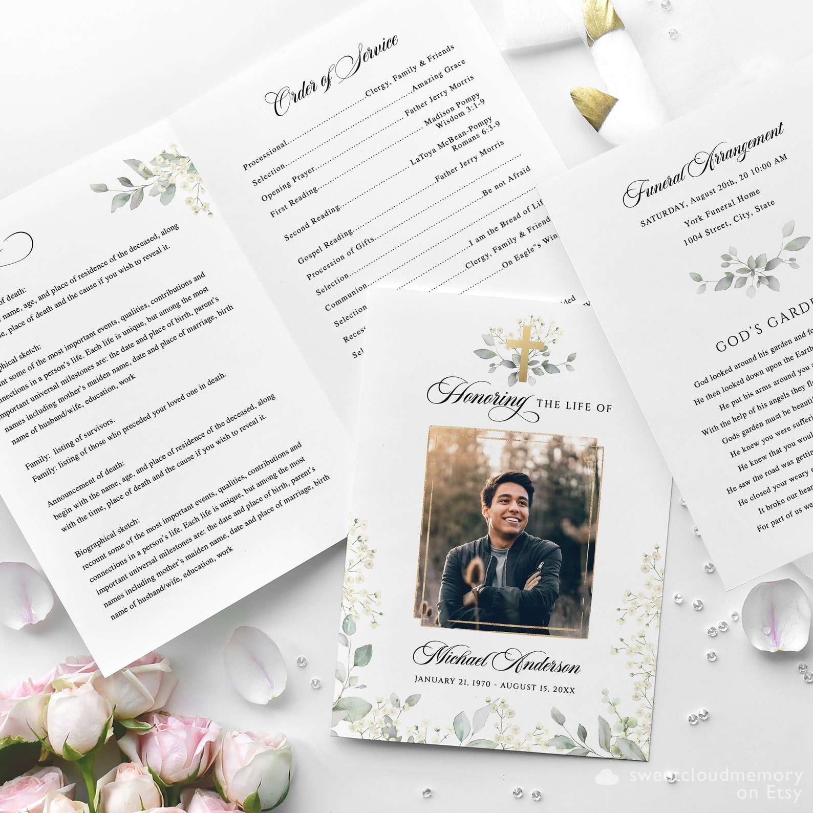 Gold Cross Funeral Program Template Greenery Funeral Memorial Program ...