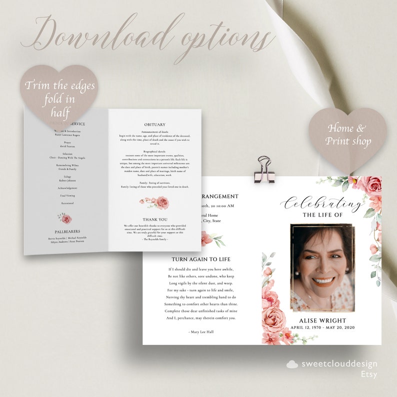 Pink Floral Funeral Program Template Peach Flower Funeral Memorial ...
