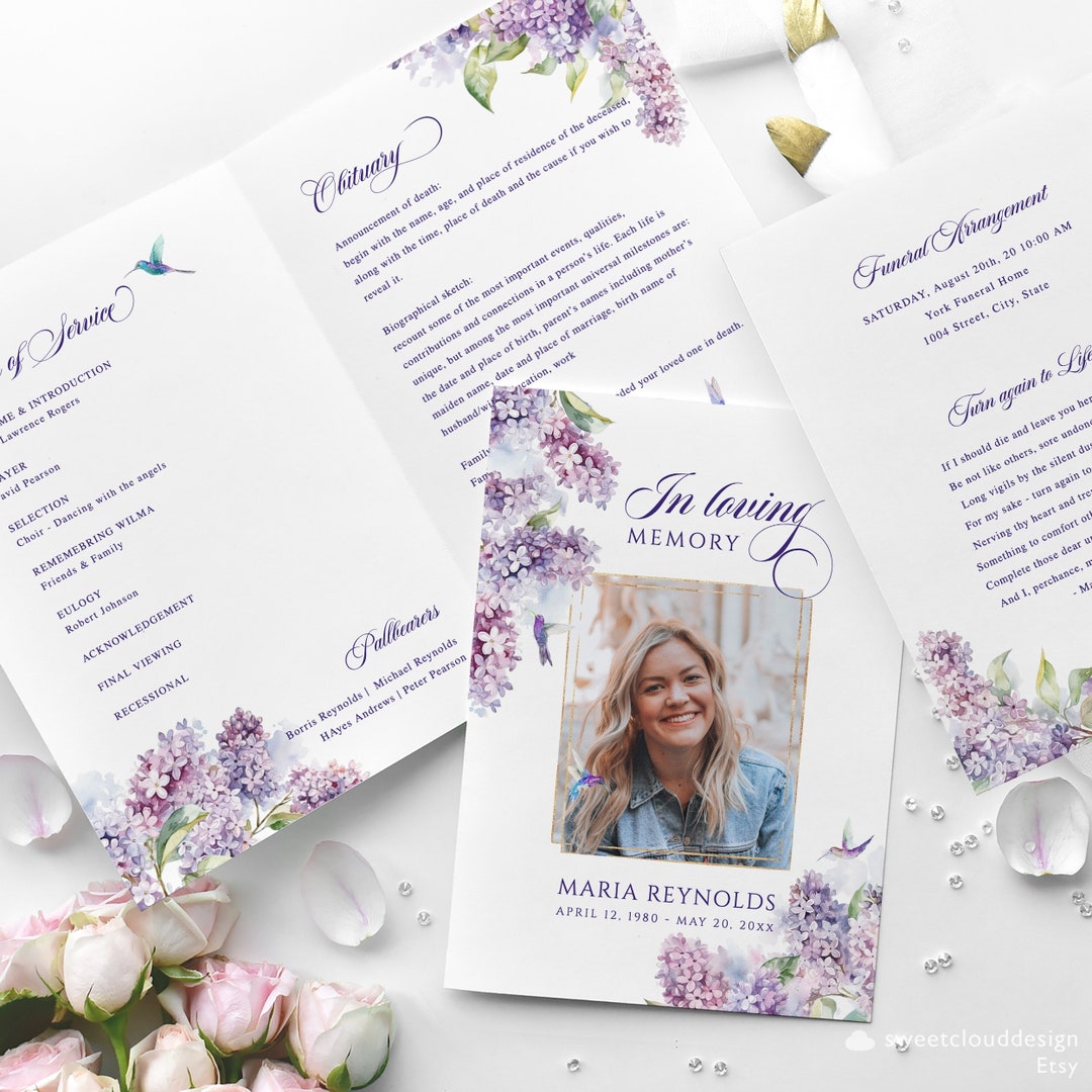 Lilac and Bird Funeral Program Template Purple Floral Funeral Memorial ...