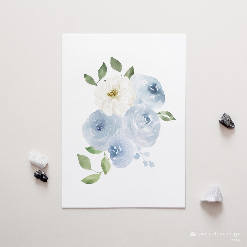 Steel Blue Floral Artwork Wall Art Print Dusty Blue Printable Flower ...