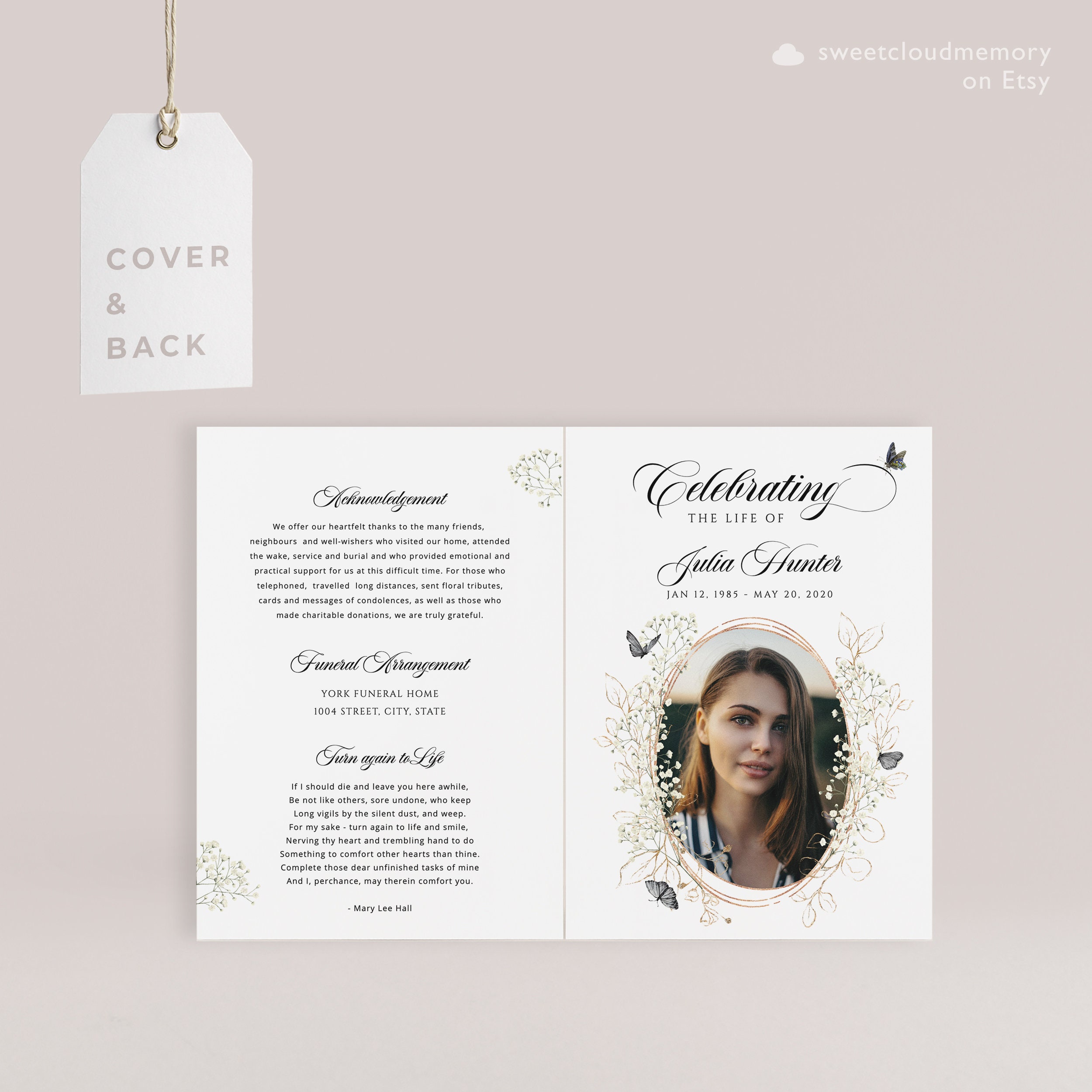 Programs Stationery Gold white floral Funeral Program Template black ...