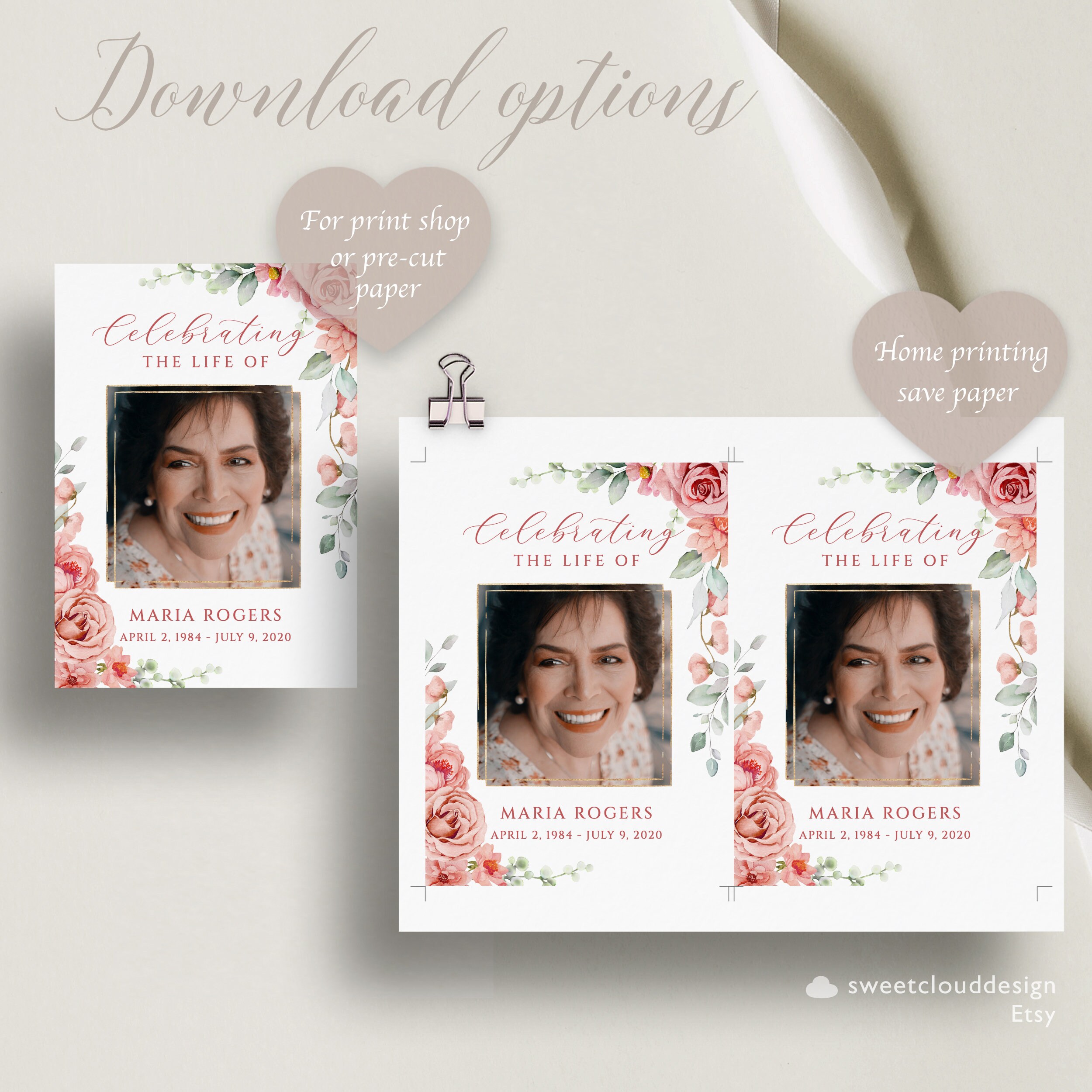 Pink floral Photo Prayer card Editable Coral peach floral | Etsy