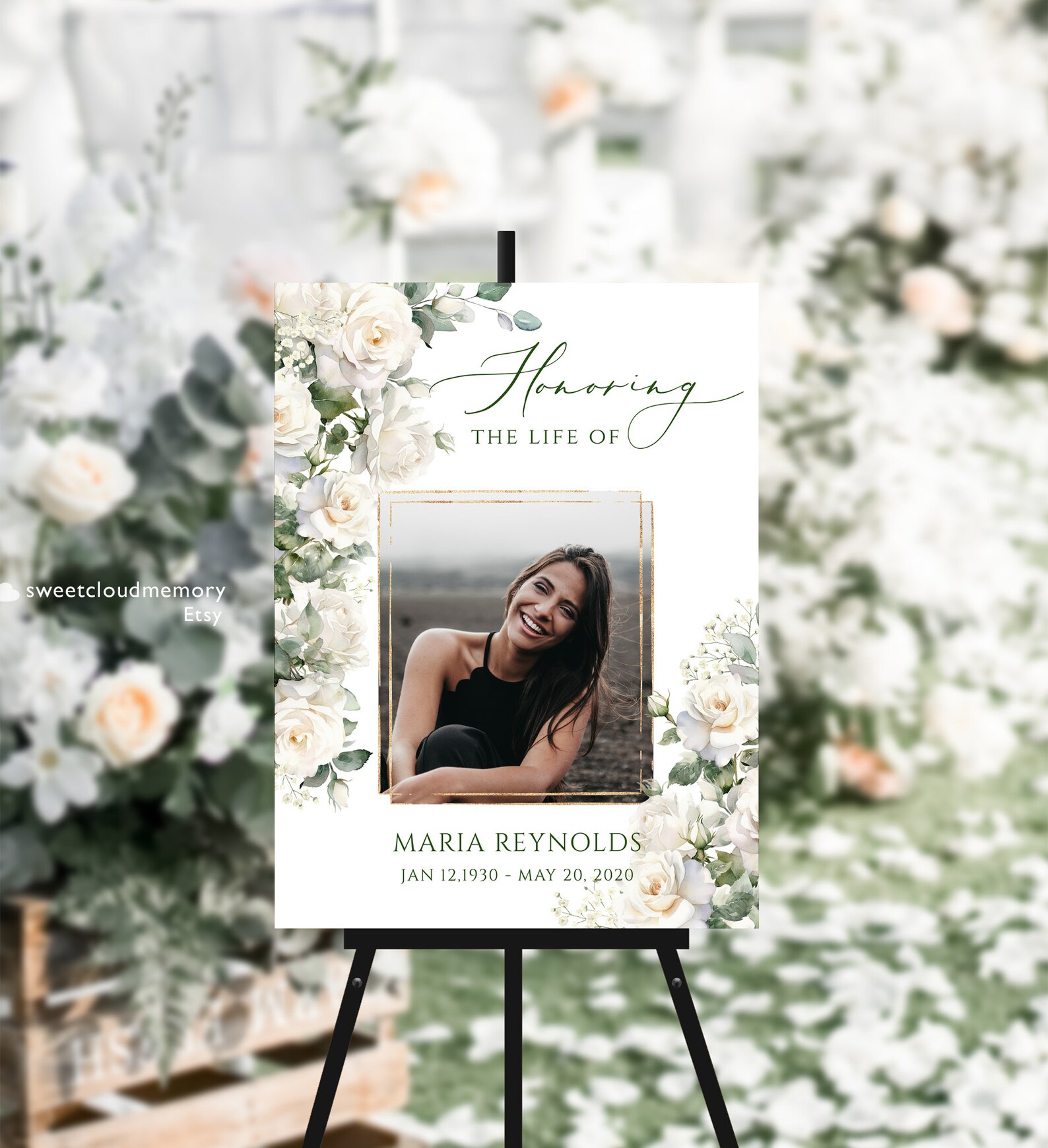 White Rose Funeral Sign Baby Breath Funeral Poster Celebrating the Life ...