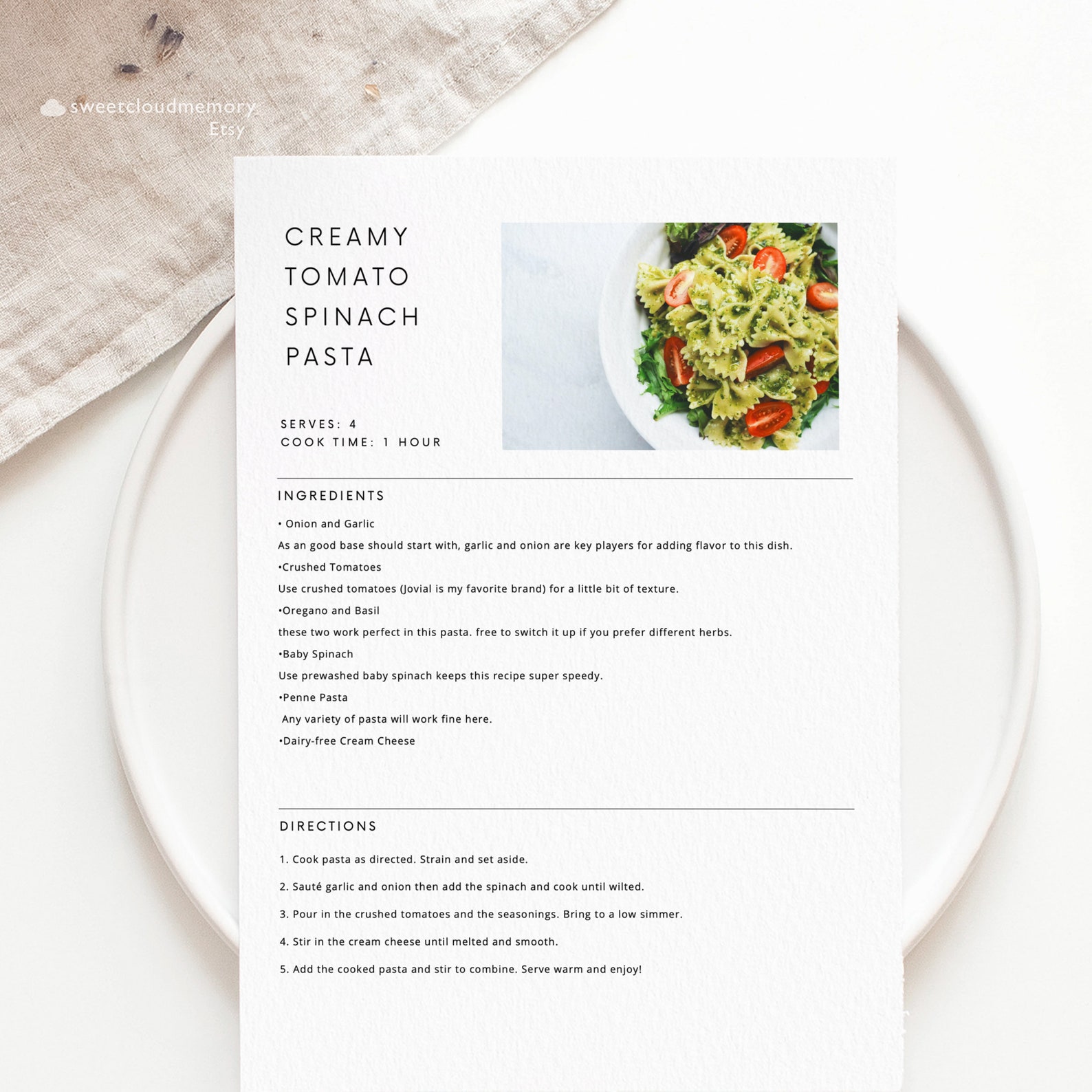 Minimal Recipe Photo Card Template, Simple Printable Recipe Template ...