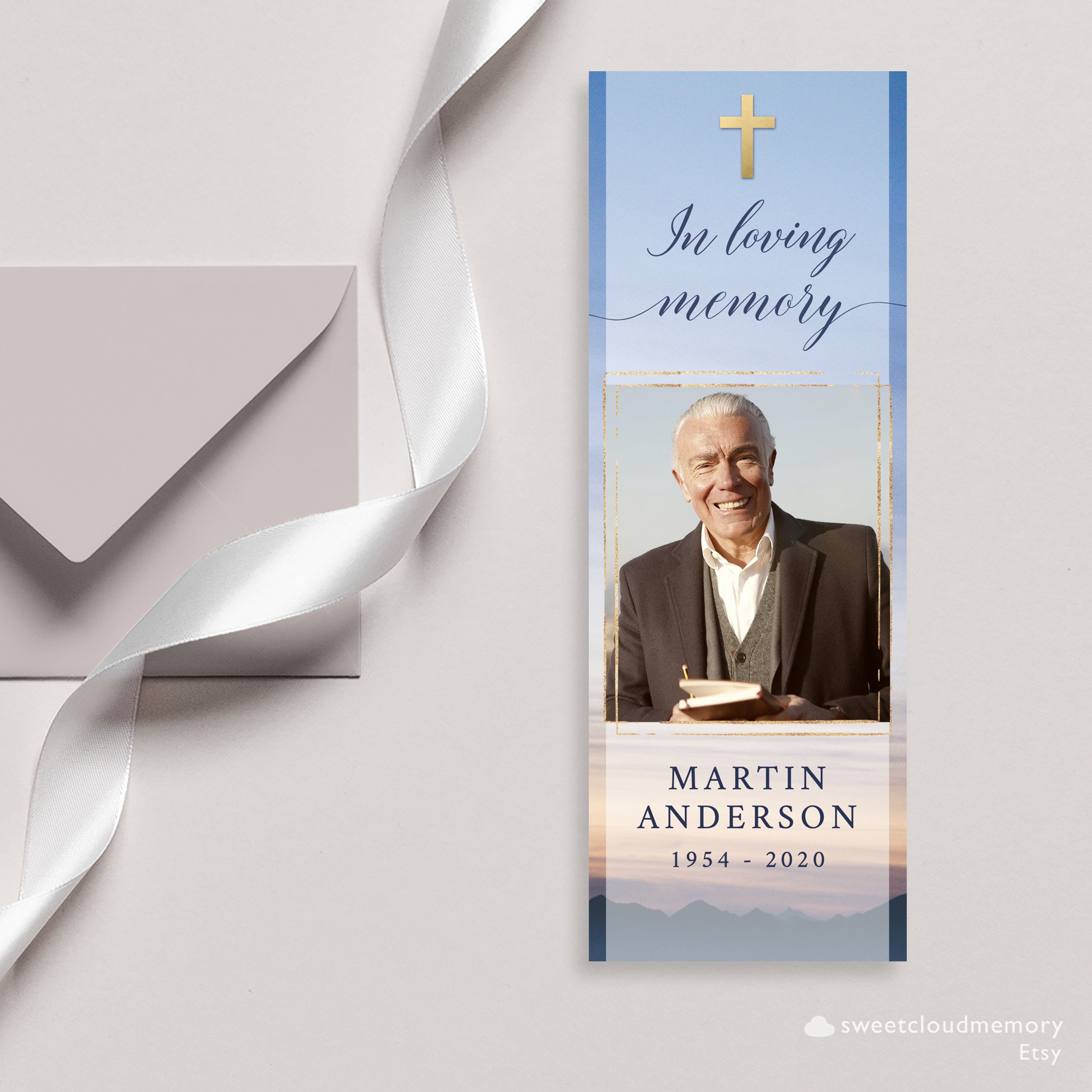 Blue Sky Gold Cross in Loving Memory Funeral Bookmark Template - Etsy ...