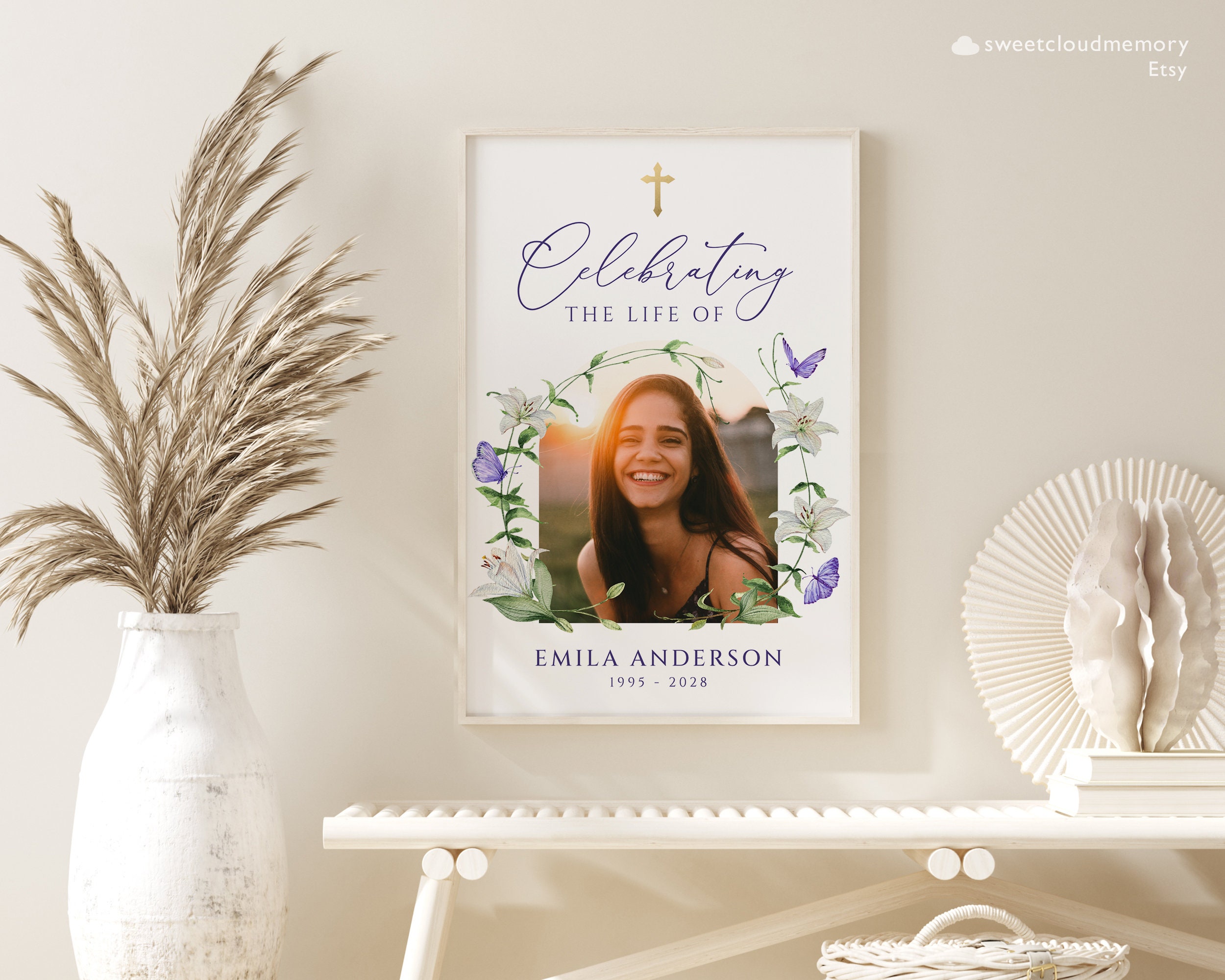 White Lily Celebrating the Life Sign Purple Butterfly White Floral Life ...