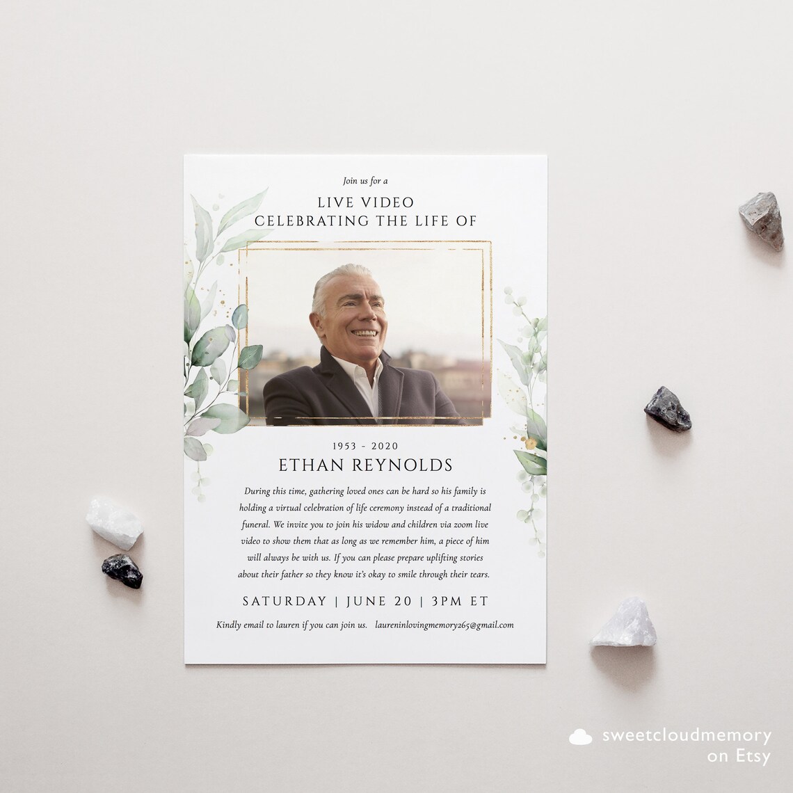 Photo Virtual Celebration of Life,gold Funeral Live Video Invitation ...