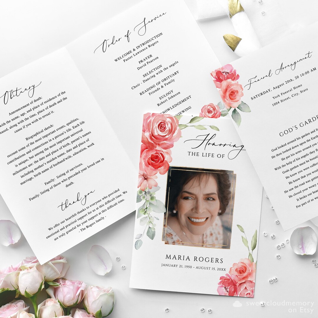 Red Rose Funeral Program Template Red Flower Funeral Memorial Program ...