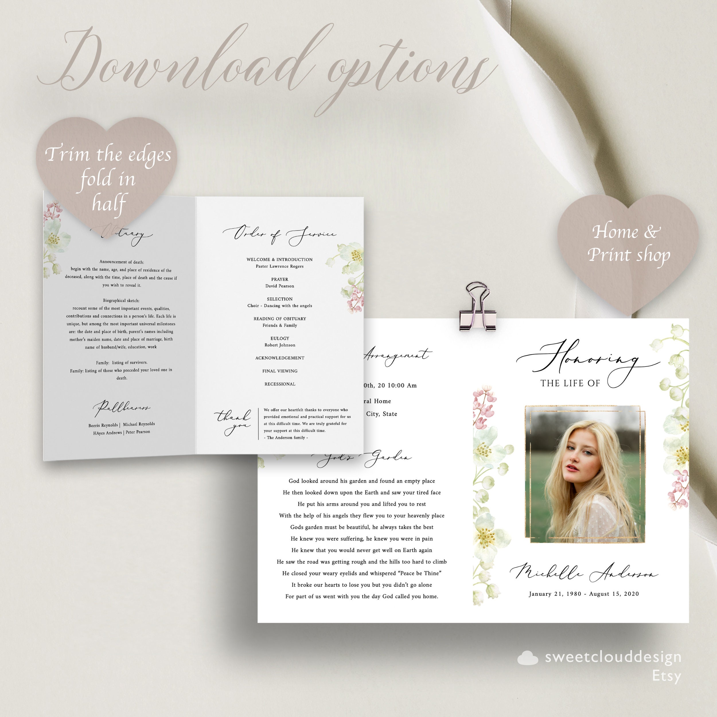 Lily floral Funeral Program Template White cherry blossom | Etsy